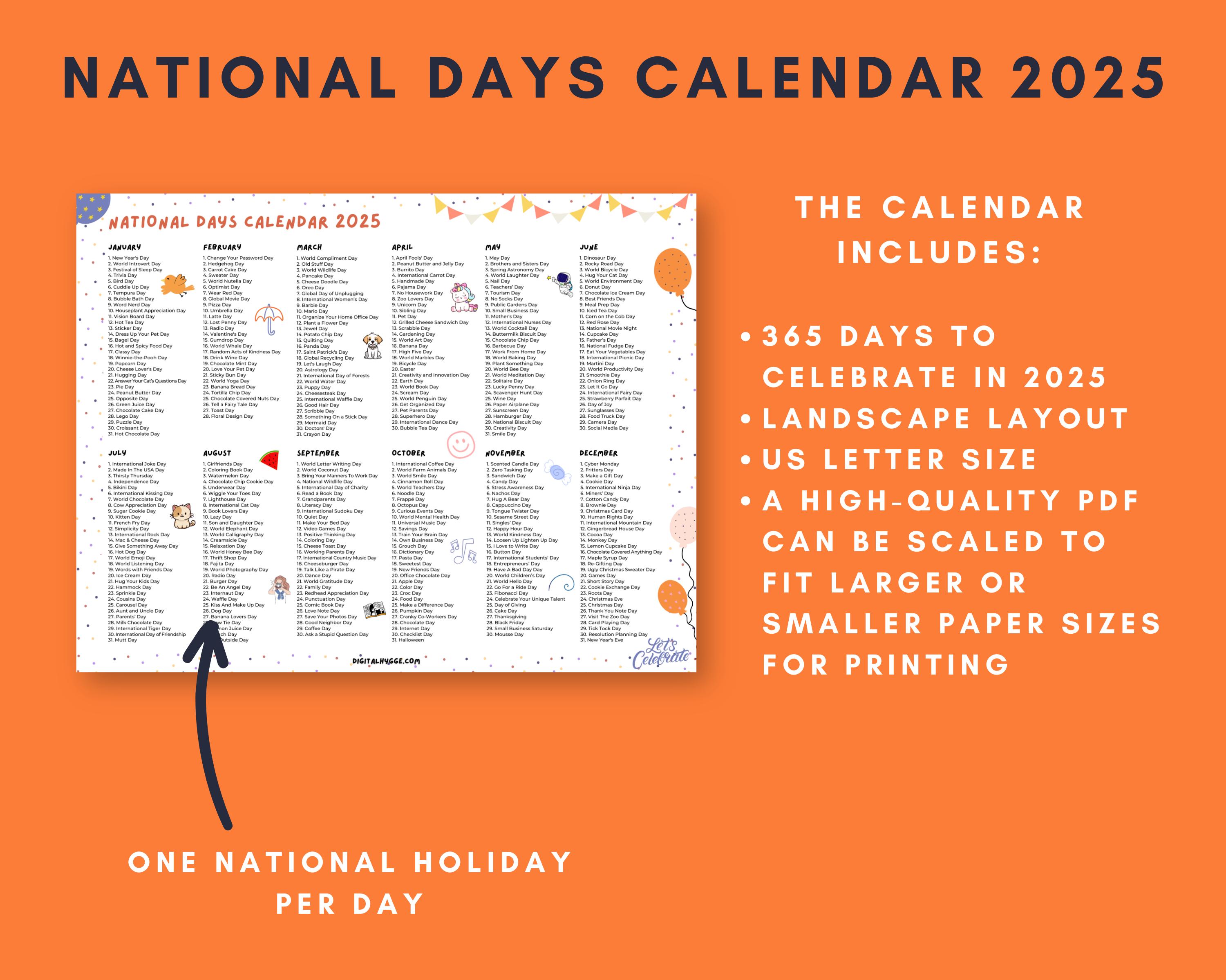 National Days Calendar Printable PDF | Landscape Horizontal Layout ...