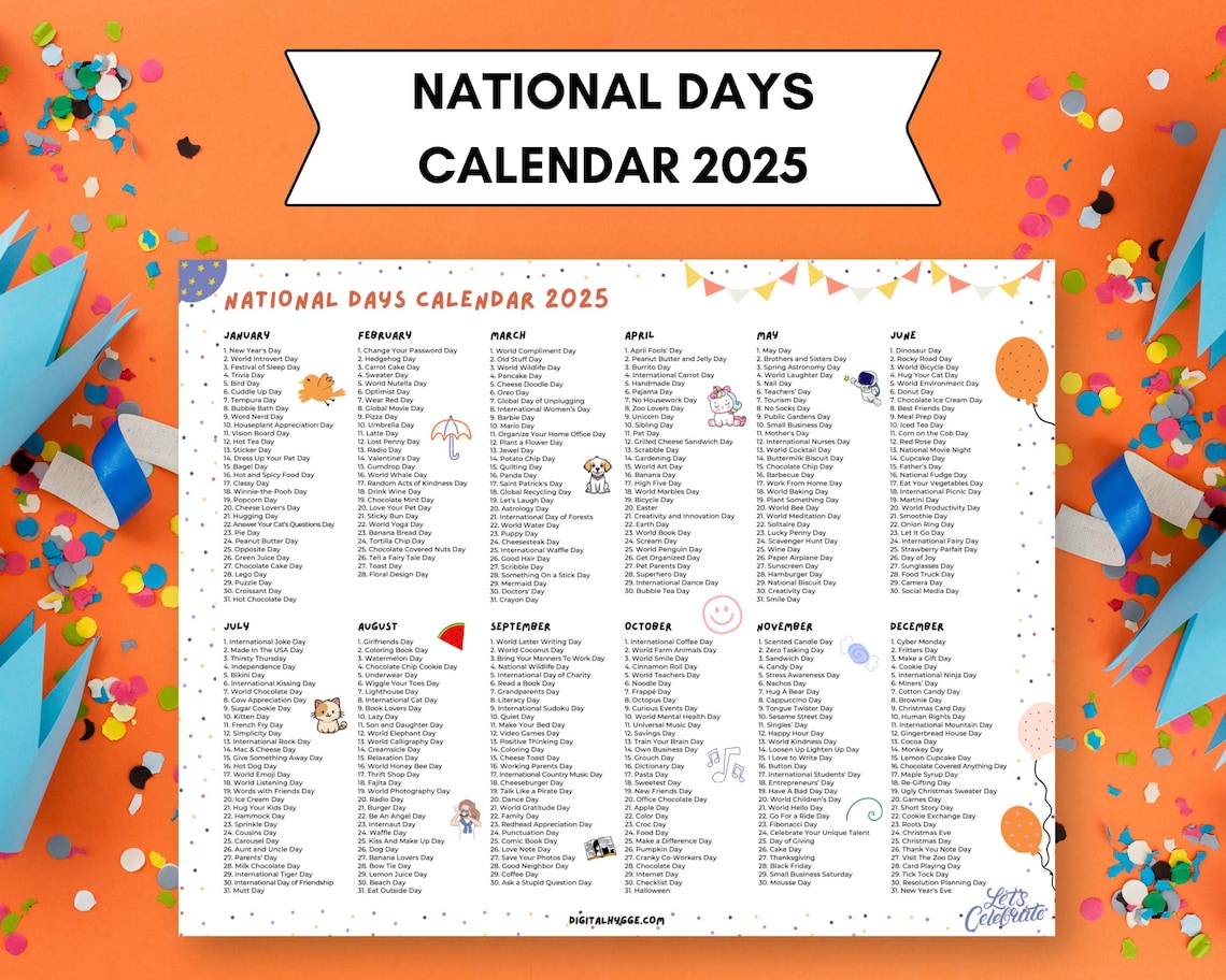 National Days Calendar Printable PDF | Landscape Horizontal Layout ...