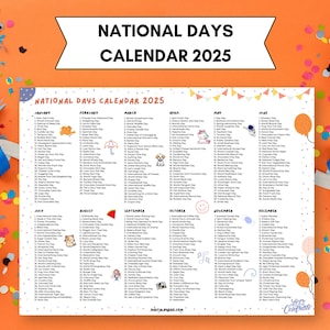 National Days Calendar Printable PDF | Landscape Horizontal Layout ...