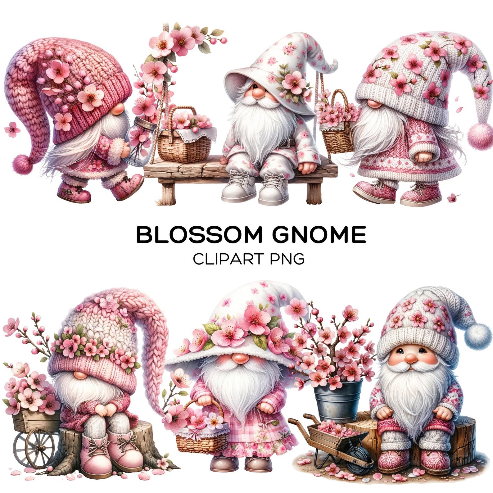 Spring Gnome Clipart, Watercolor Gnome Cherry Blossom, Spring Blossom ...