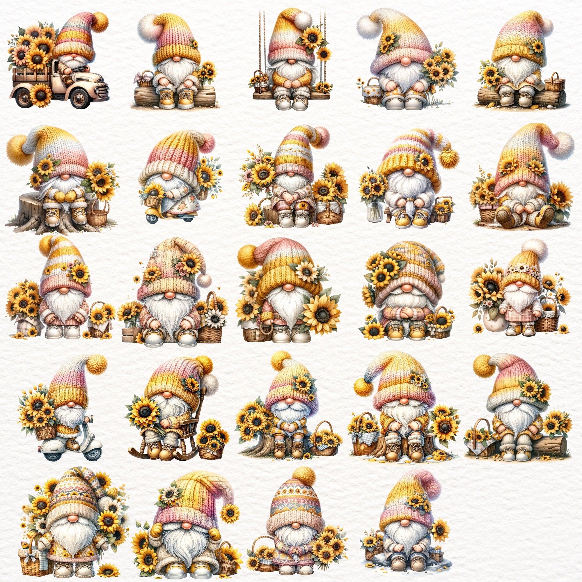 Watercolor Sunflowers Gnome Clipart Bundle Png, Sunflower Gnomes PNG ...