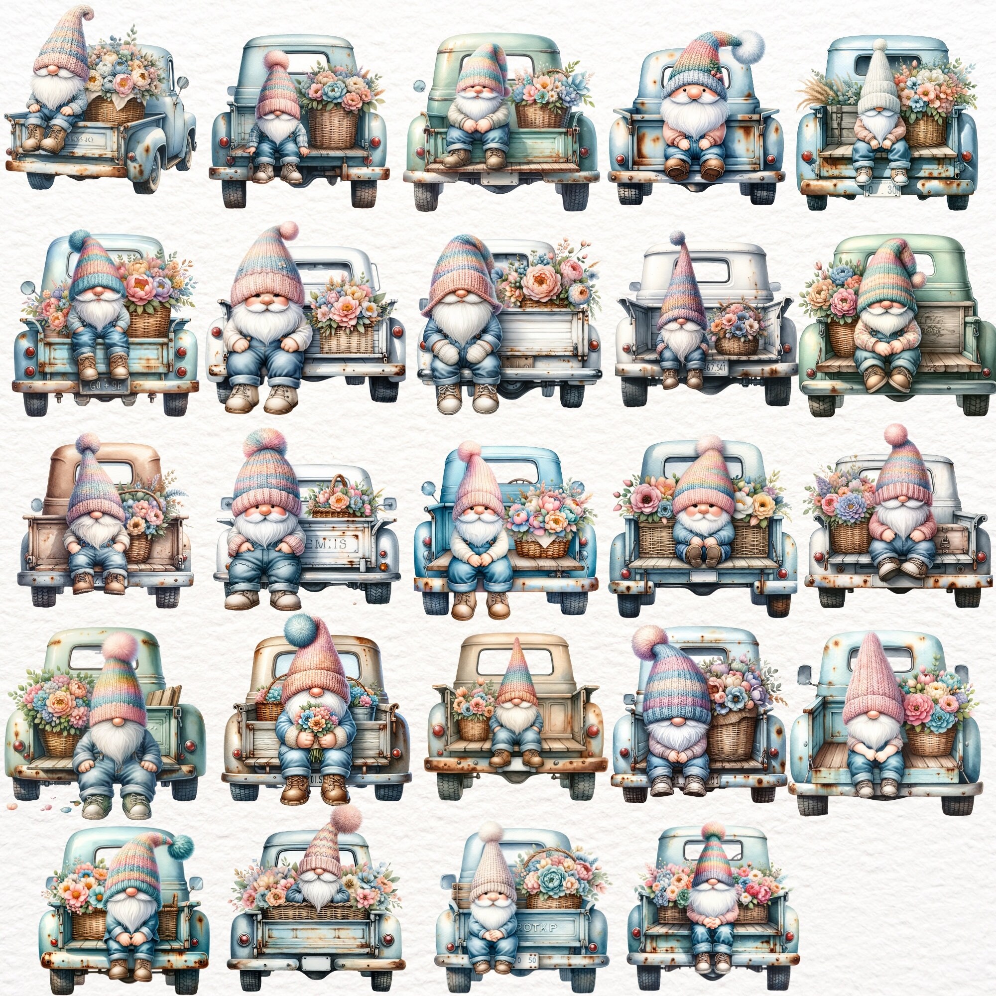 Watercolor Retro Truck Gnome Clipart PNG Bundle, Garden Gnome With ...
