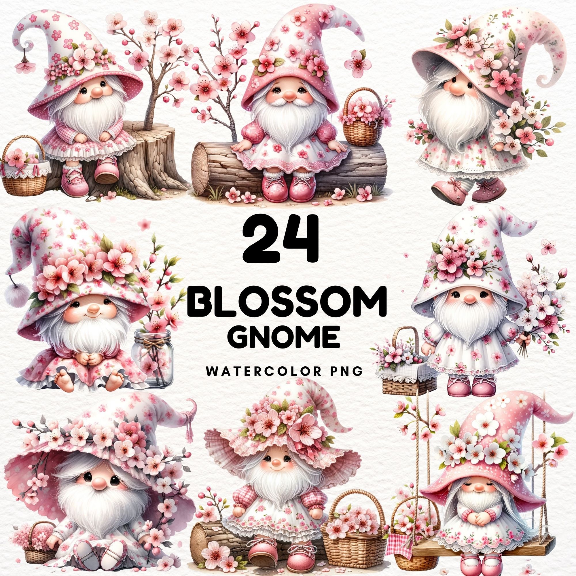 Spring Gnome Clipart, Watercolor Gnome Cherry Blossom, Spring Blossom ...