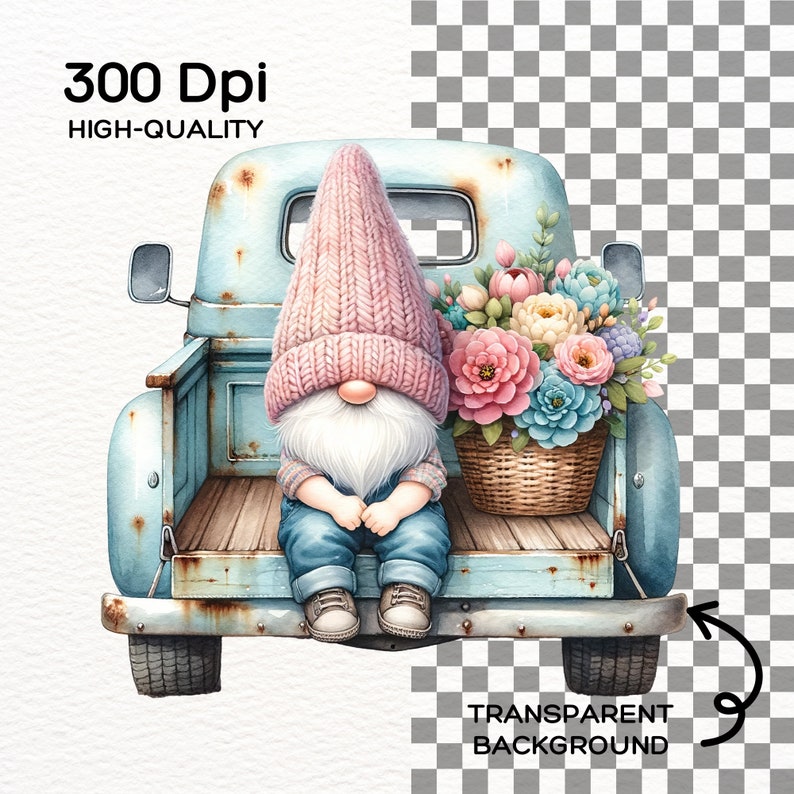 Watercolor Retro Truck Gnome Clipart PNG Bundle, Garden Gnome With ...