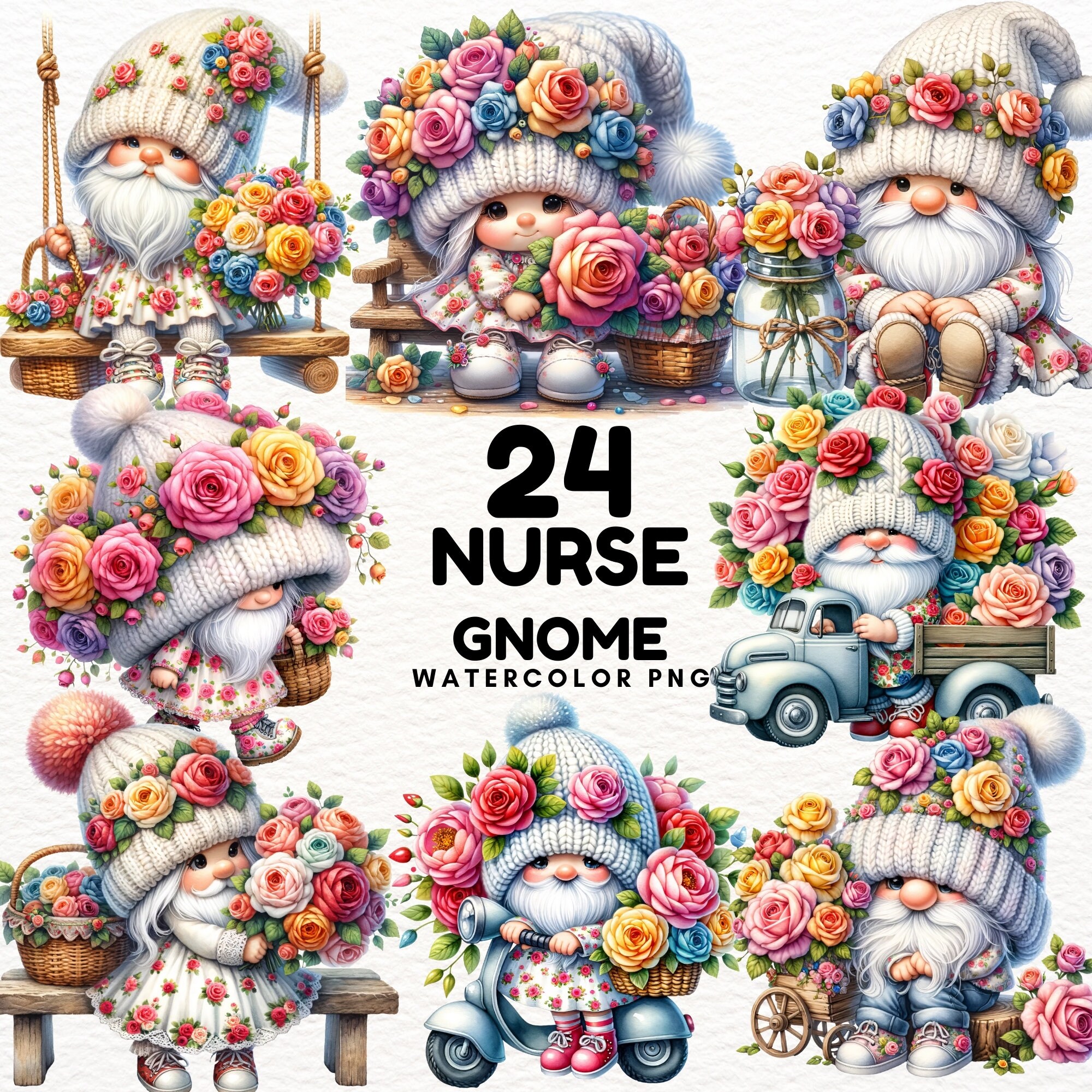 Rose Gnome Watercolor Clipart, Rose Gnome Clipart, Rose Gnome Png ...