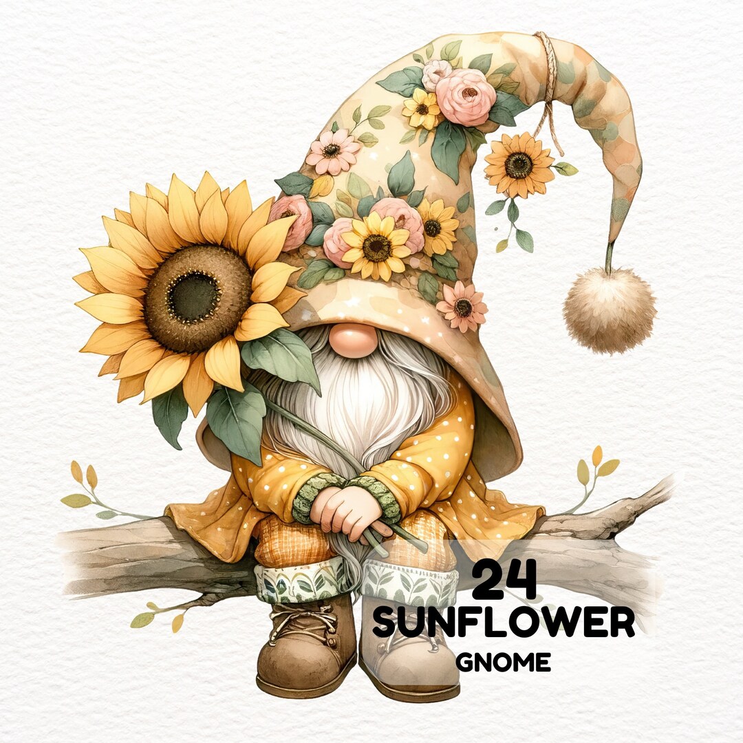Watercolor Sunflowers Gnome Clipart Bundle Png, Sunflower Gnomes PNG ...
