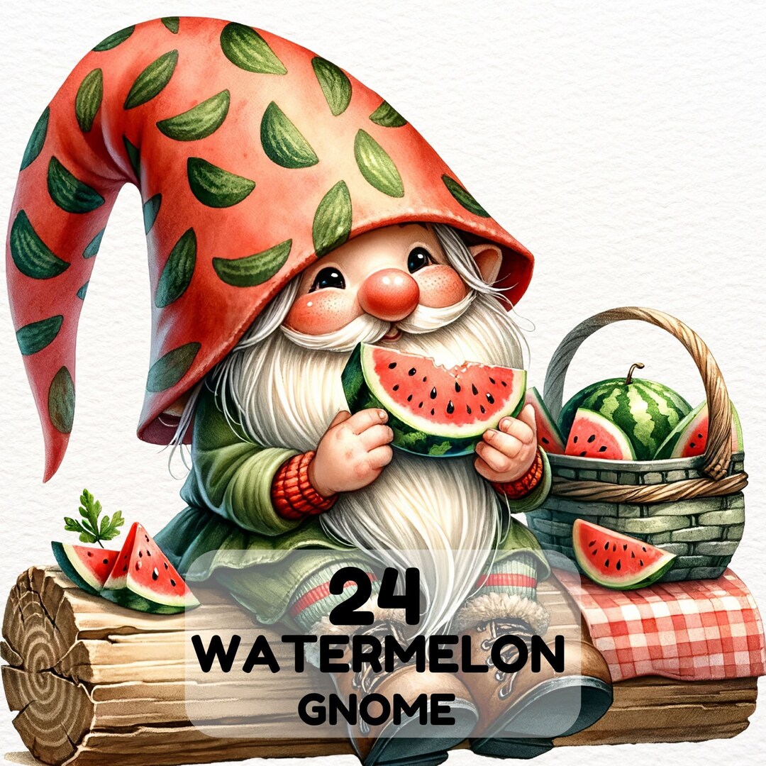 Watermelon Gnome Clipart, Cute Watermelon PNG, Watercolor Gnome Clipart ...