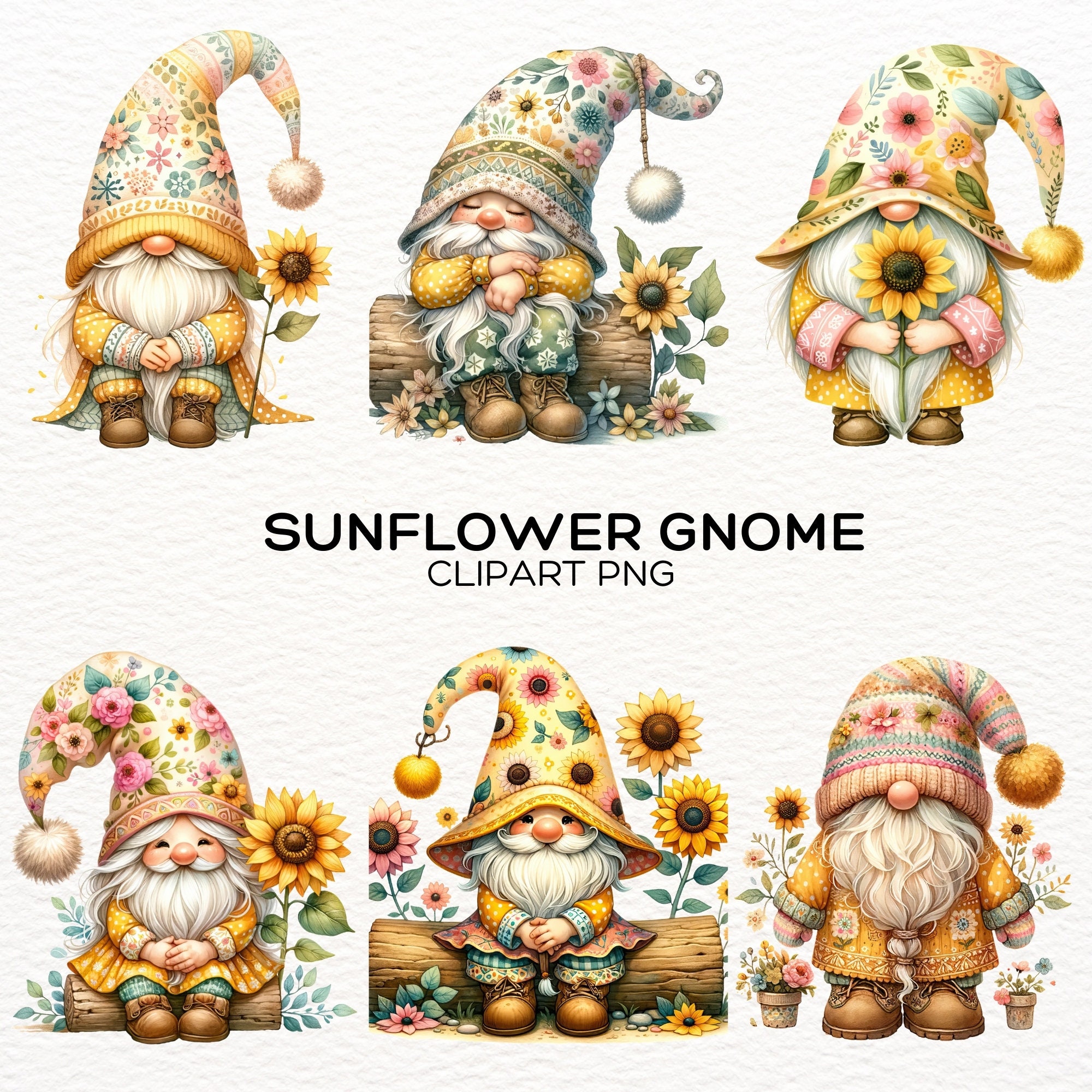 Watercolor Sunflowers Gnome Clipart Bundle Png, Sunflower Gnomes PNG ...