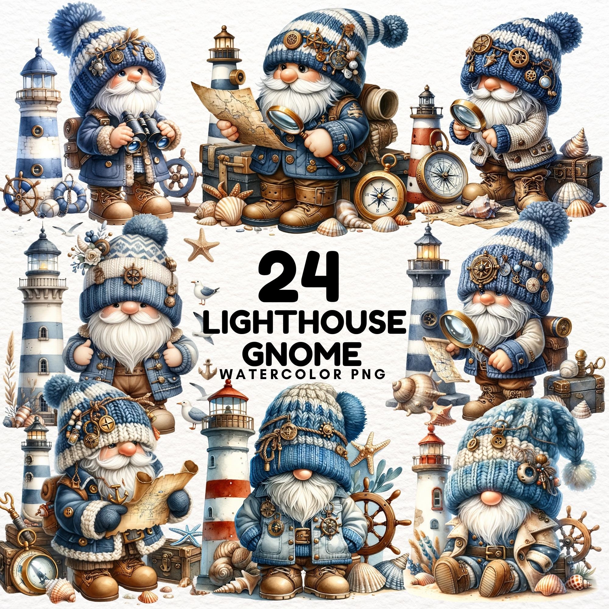 Watercolor Lighthouse Gnome Clipart Bundle, Nautical Gnome Clipart ...
