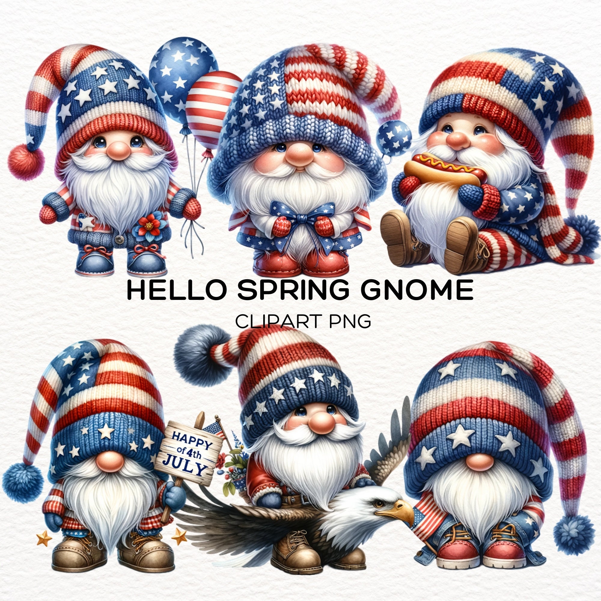 Watercolor Patriotic Gnome Clipart, Memorial Day Gnome Clipart, 4th of ...