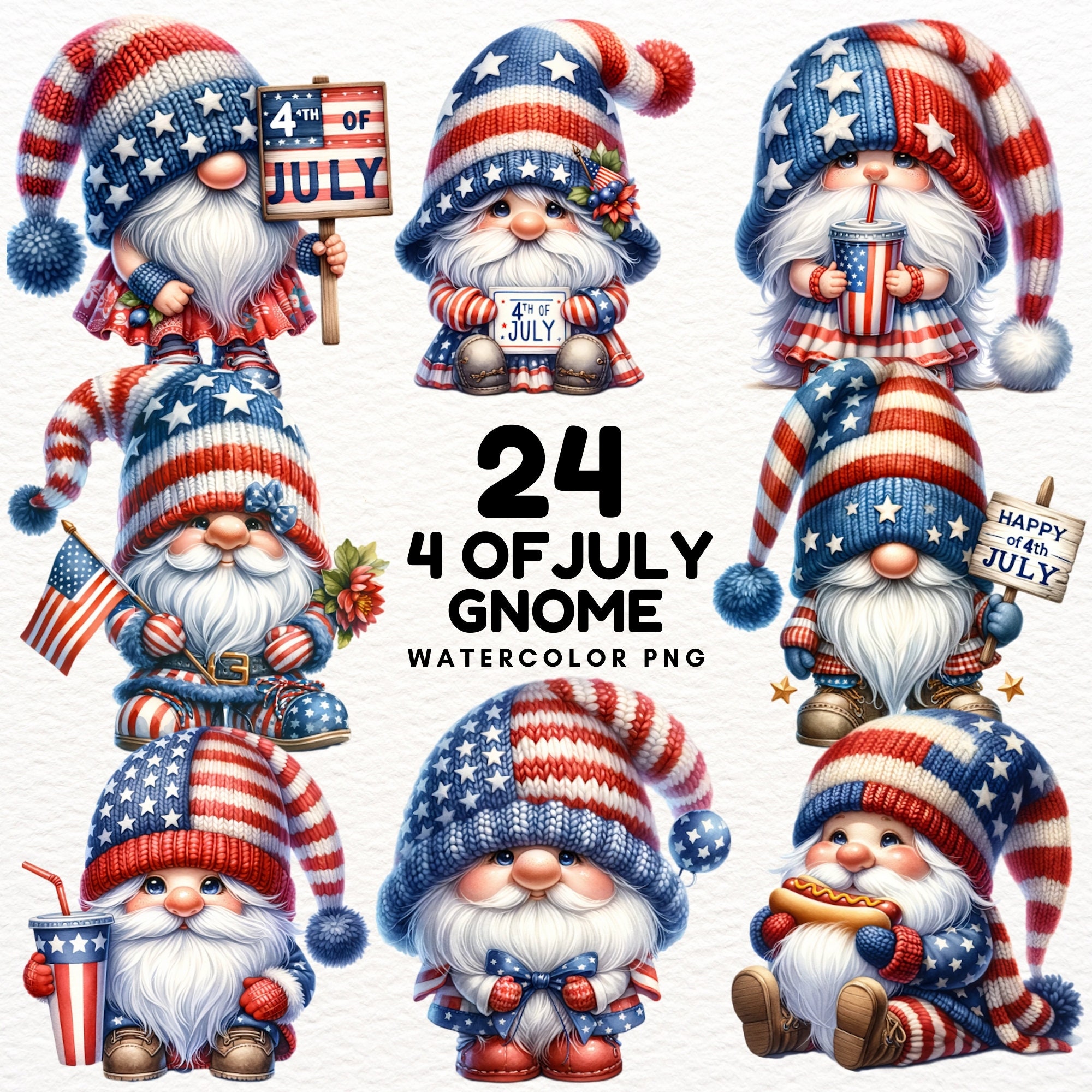 Watercolor Patriotic Gnome Clipart, Memorial Day Gnome Clipart, 4th of ...