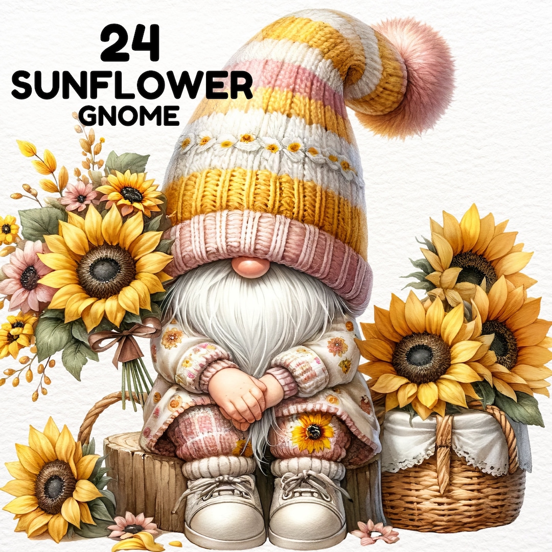 Watercolor Sunflowers Gnome Clipart Bundle Png, Sunflower Gnomes PNG ...