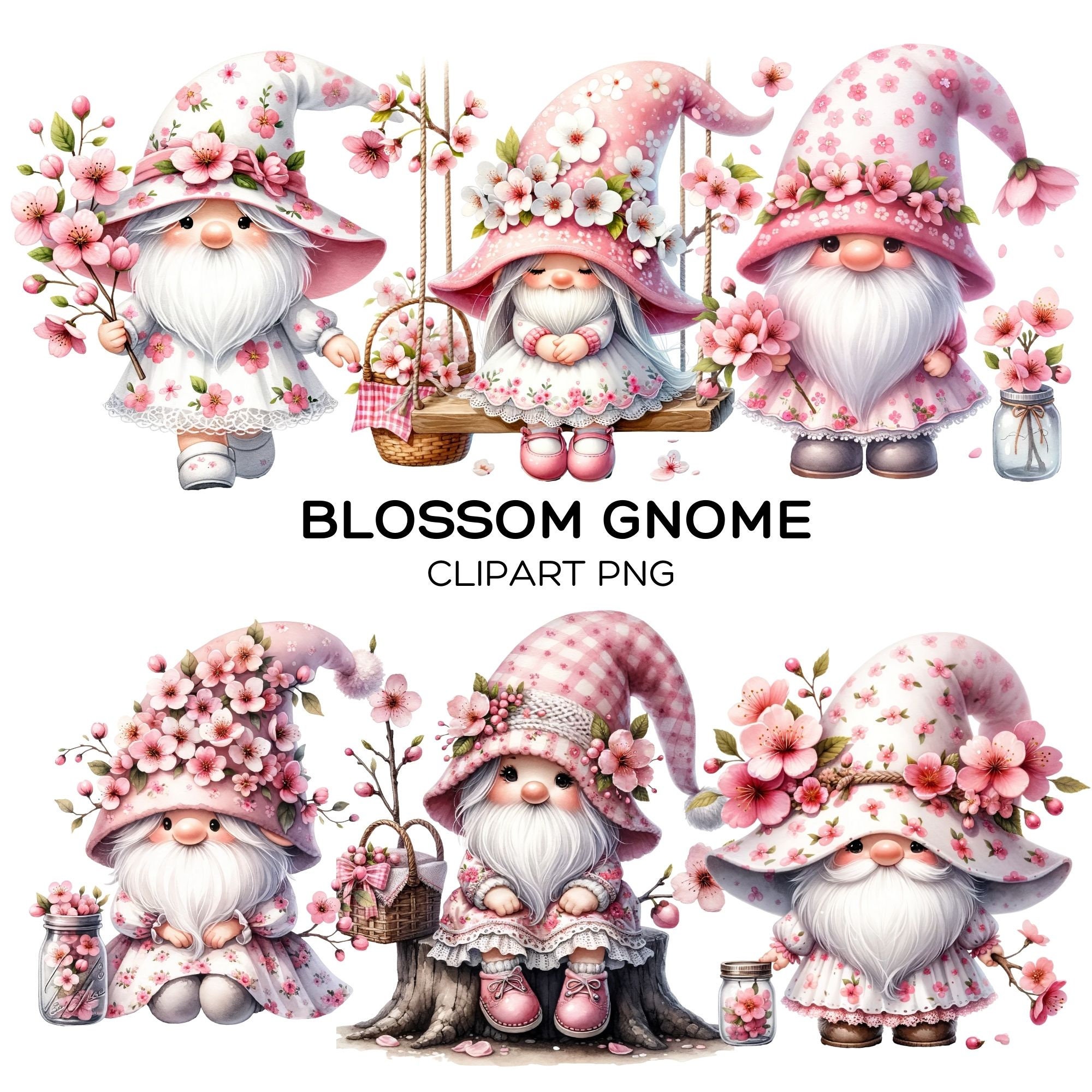 Spring Gnome Clipart, Watercolor Gnome Cherry Blossom, Spring Blossom ...