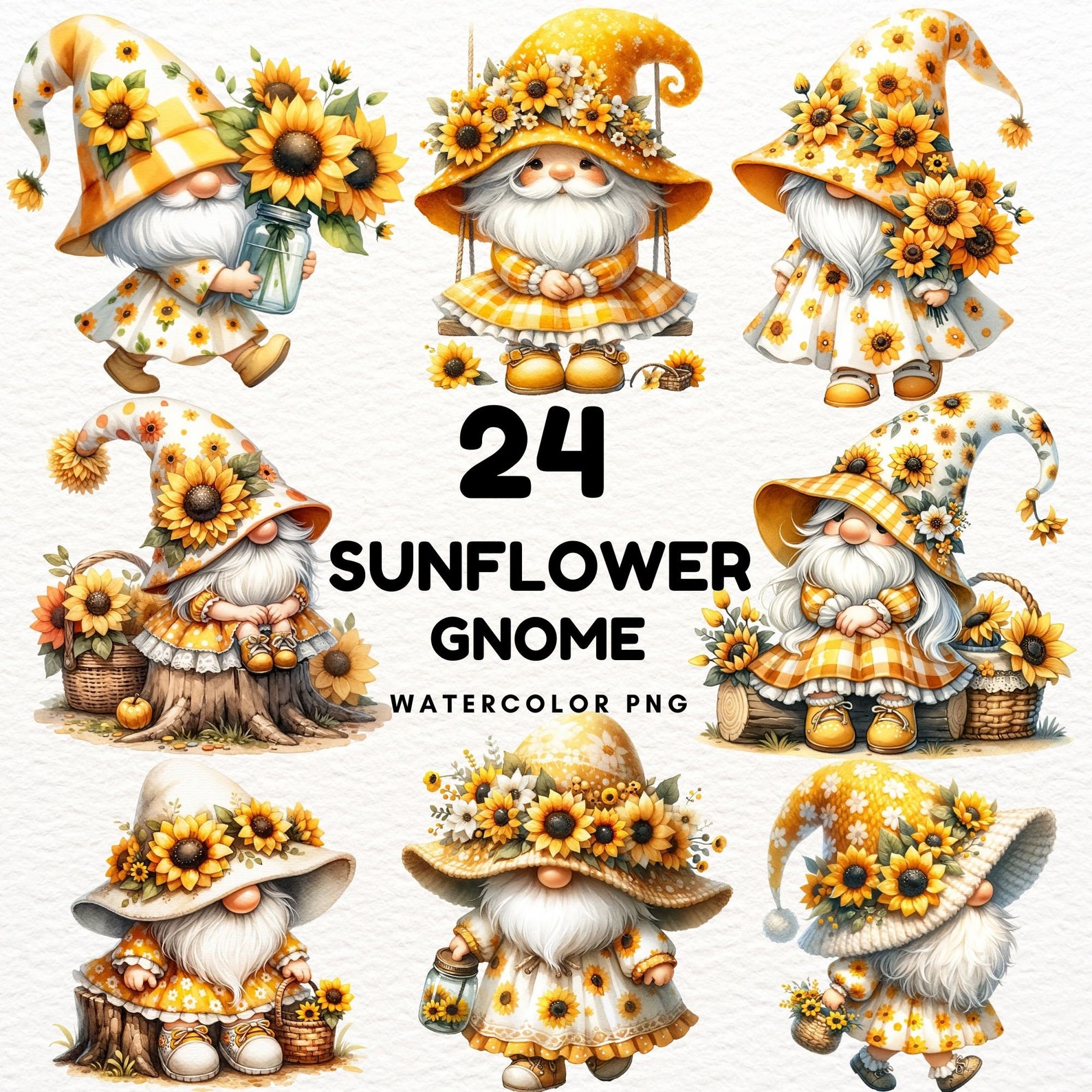 Sunflower Gnome PNG Clipart, Garden Gnome Watercolor Clipart, Gnome ...