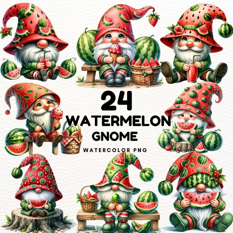 Watermelon Gnome Clipart, Cute Watermelon PNG, Watercolor Gnome Clipart ...