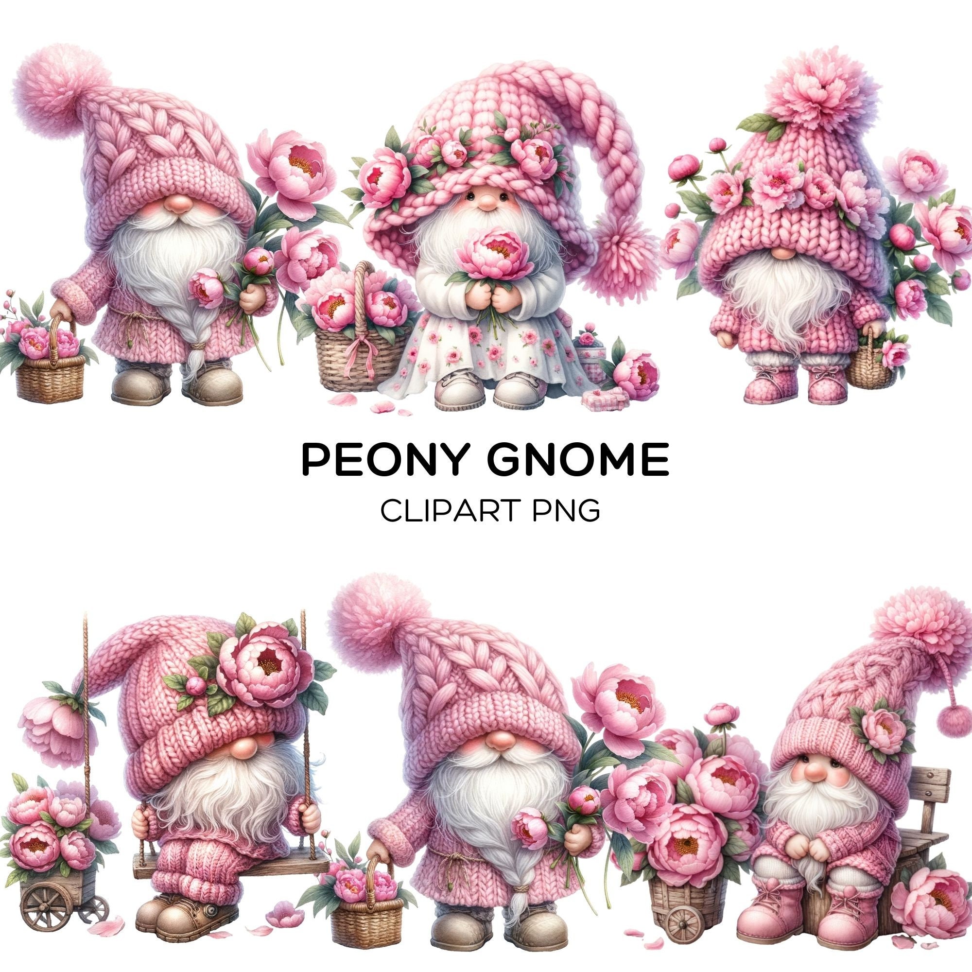 Spring Gnome Clipart, Watercolor Gnome Peony, Spring Peony Gnome PNG ...