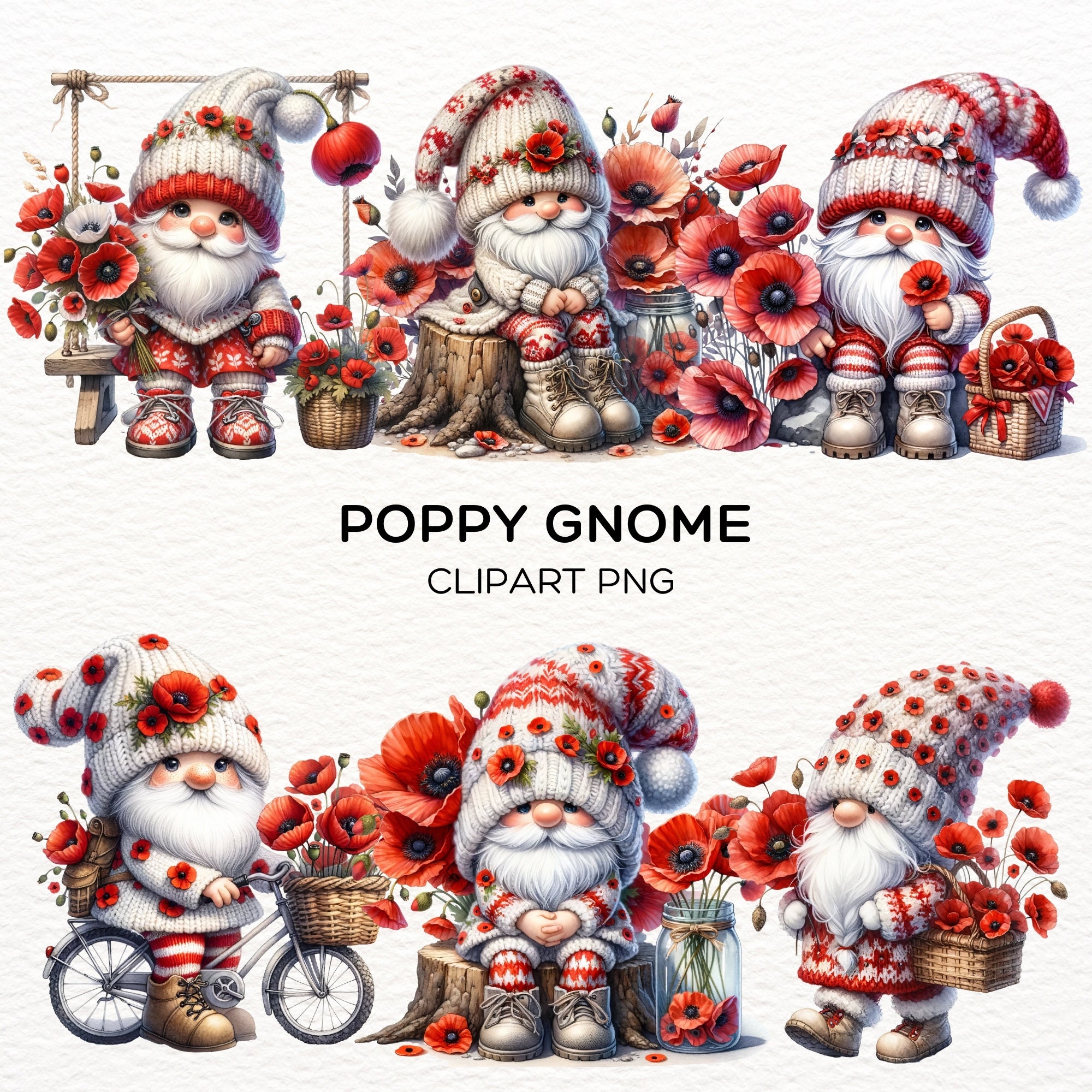 Watercolor Poppy Gnome Clipart, Poppy Gnome Watercolor Clipart, Spring ...