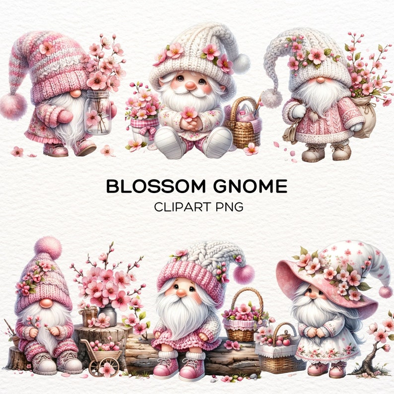 Spring Gnome Clipart, Watercolor Gnome Cherry Blossom, Spring Blossom ...