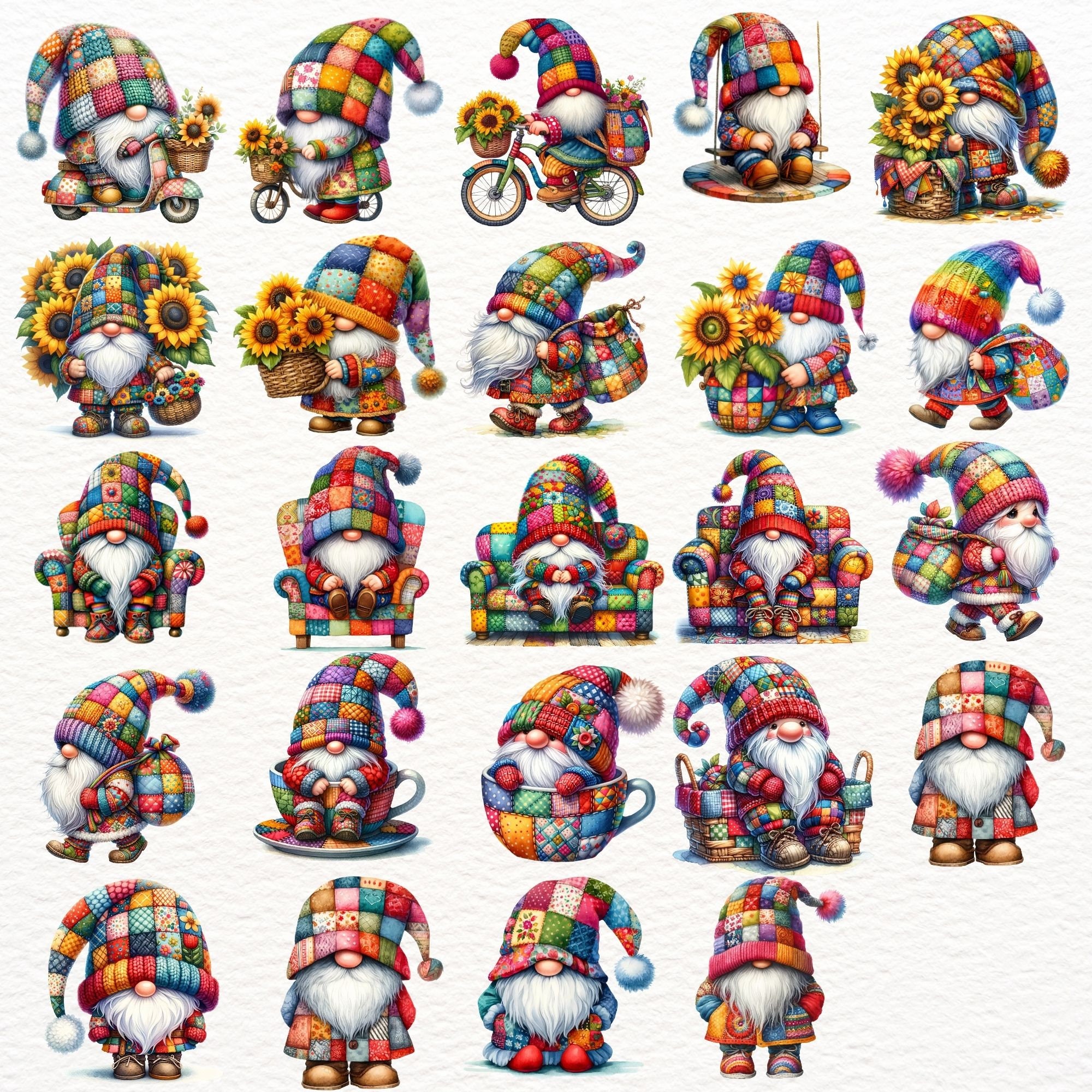 Watercolor Patchwork Gnomes Clipart, Patchwork Gnomes Clipart Bundle ...