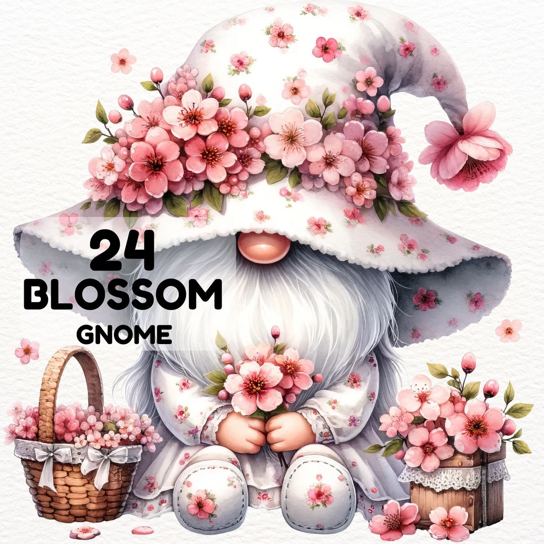 Spring Gnome Clipart, Watercolor Gnome Cherry Blossom, Spring Blossom ...