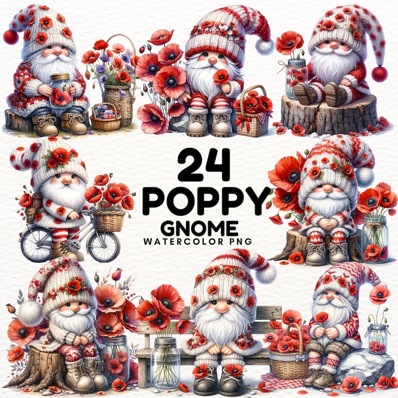 Watercolor Poppy Gnome Clipart, Poppy Gnome Watercolor Clipart, Spring ...