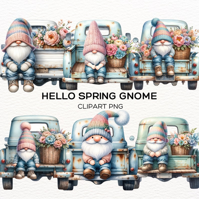 Watercolor Retro Truck Gnome Clipart PNG Bundle, Garden Gnome With ...