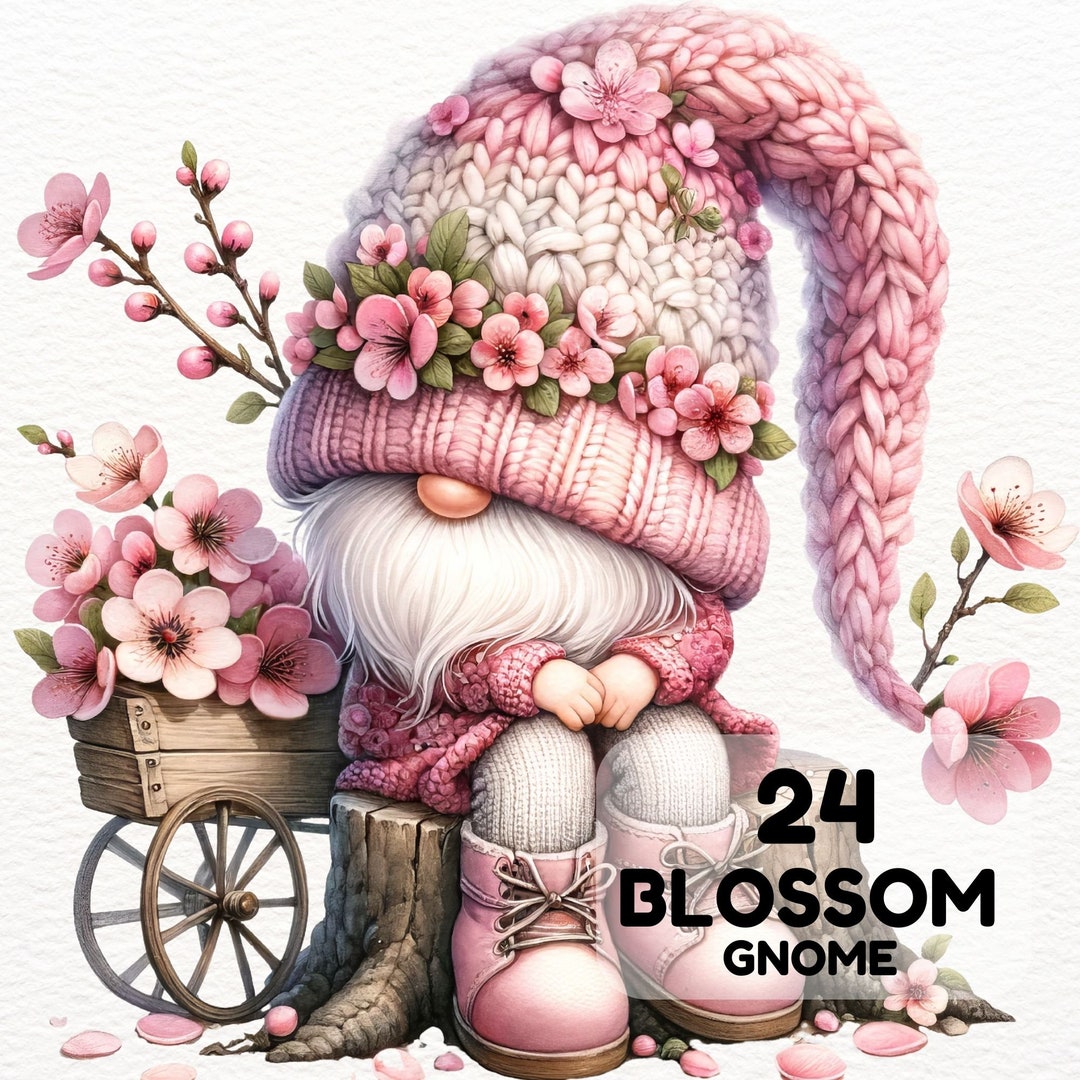 Spring Gnome Clipart, Watercolor Gnome Cherry Blossom, Spring Blossom ...