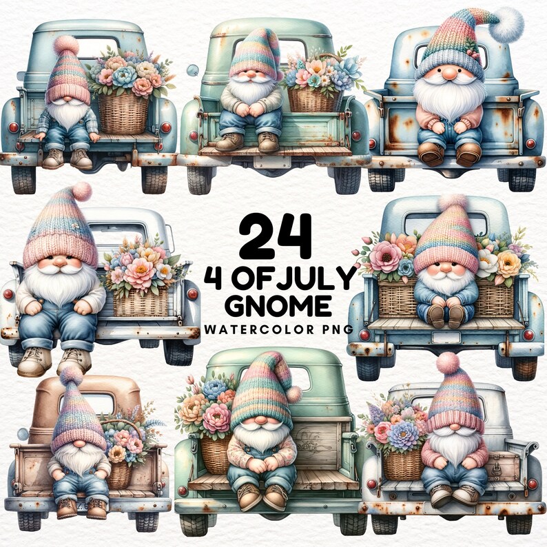 Watercolor Retro Truck Gnome Clipart PNG Bundle, Garden Gnome With ...