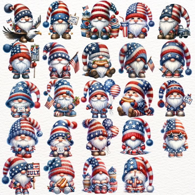 Watercolor Patriotic Gnome Clipart, Memorial Day Gnome Clipart, 4th of ...