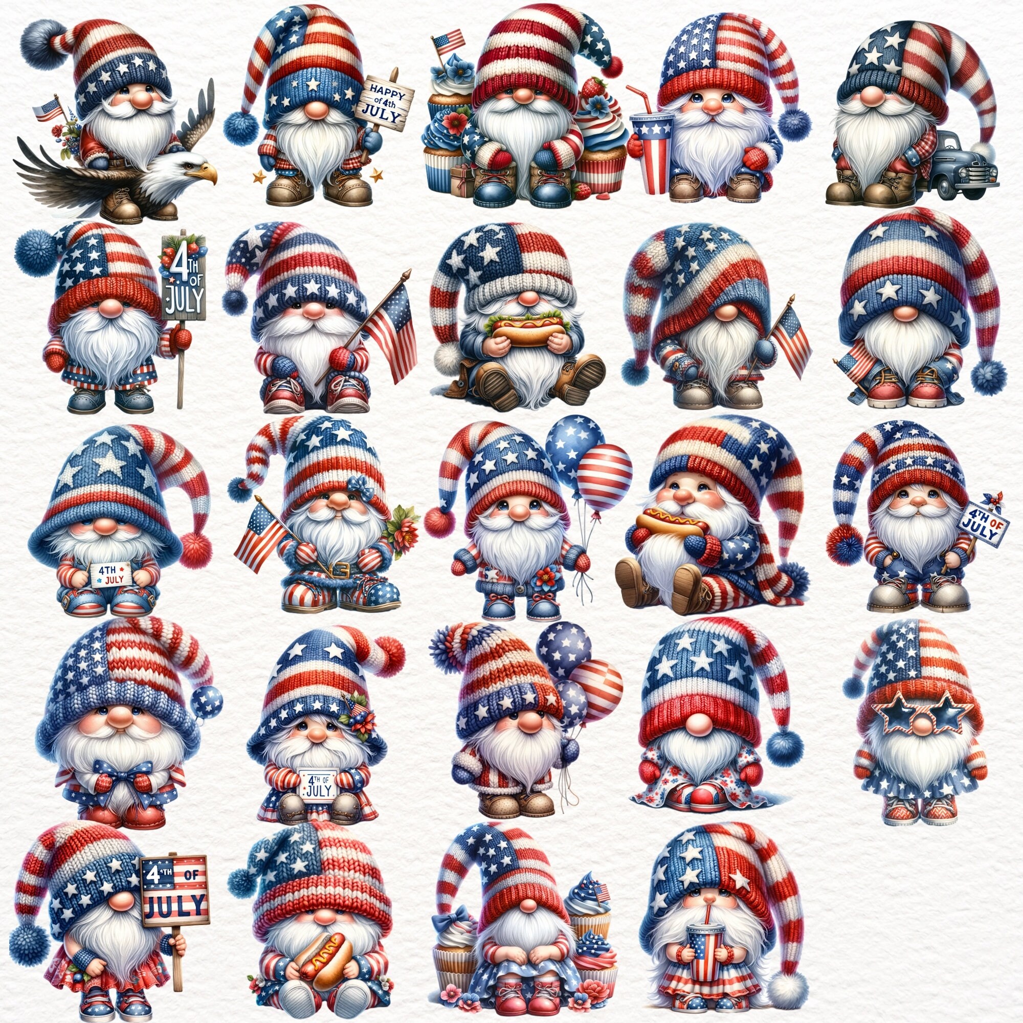 Watercolor Patriotic Gnome Clipart, Memorial Day Gnome Clipart, 4th of ...