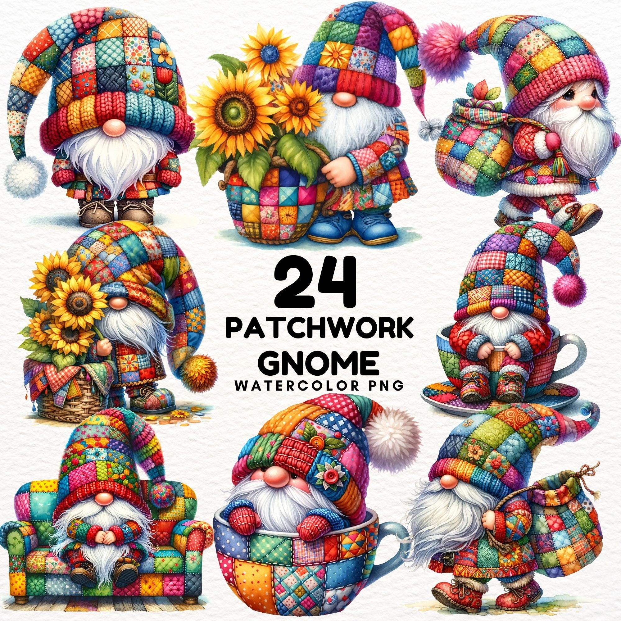 Watercolor Patchwork Gnomes Clipart, Patchwork Gnomes Clipart Bundle, Cottagecore Gnomes, Cute ...