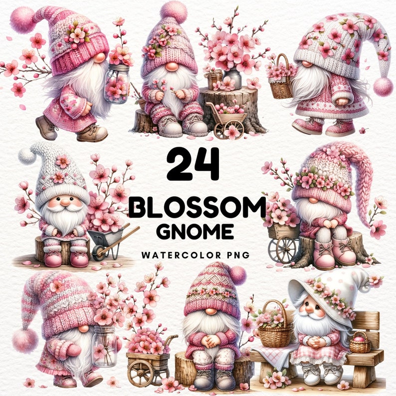Spring Gnome Clipart, Watercolor Gnome Cherry Blossom, Spring Blossom ...
