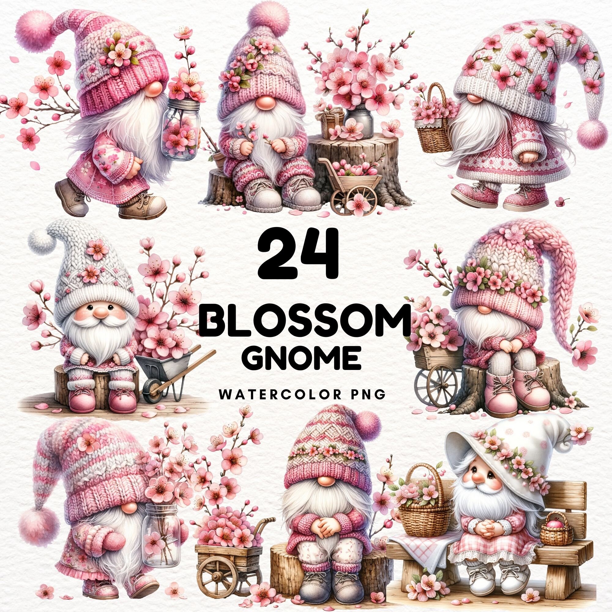 Spring Gnome Clipart, Watercolor Gnome Cherry Blossom, Spring Blossom ...