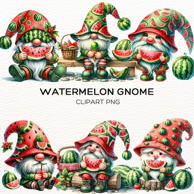 Watermelon Gnome Clipart, Cute Watermelon PNG, Watercolor Gnome Clipart ...