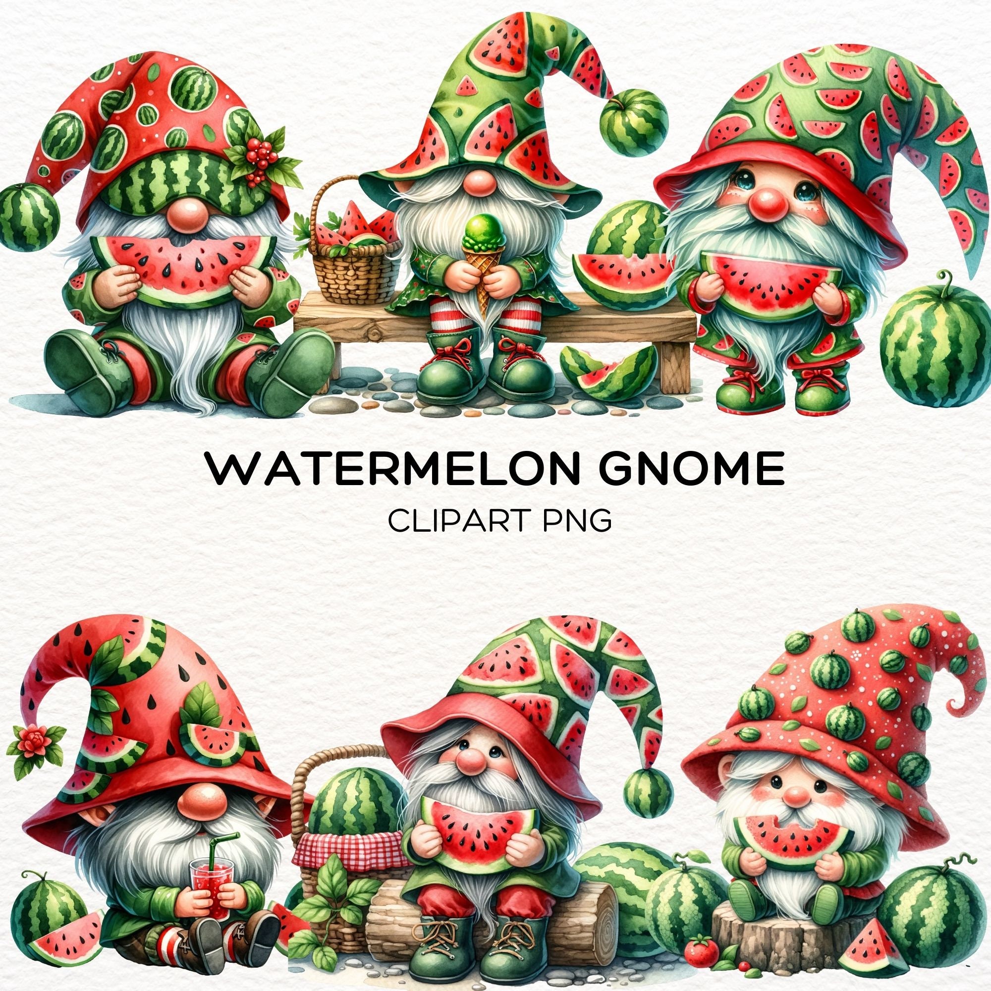 Watermelon Gnome Clipart, Cute Watermelon PNG, Watercolor Gnome Clipart ...