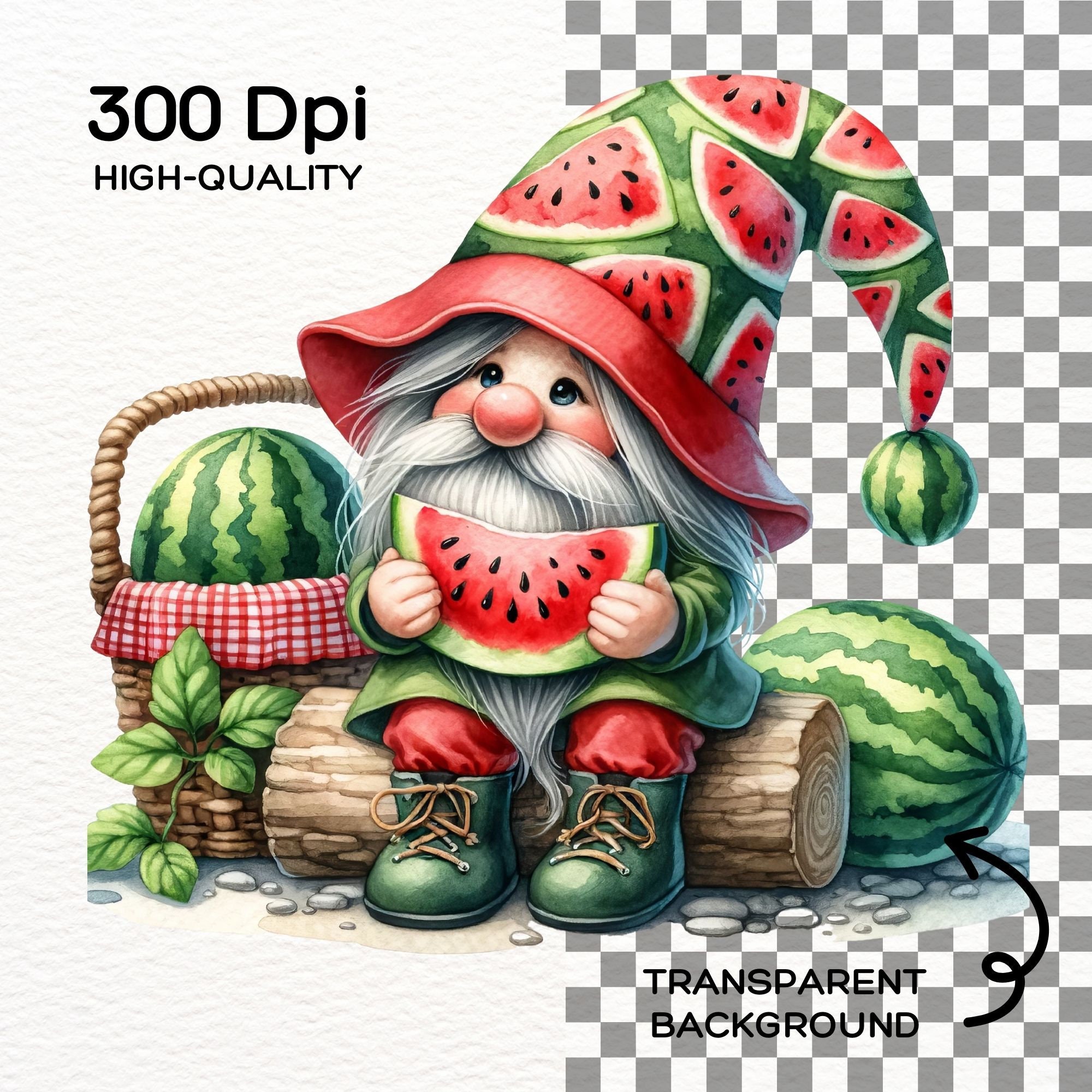 Watermelon Gnome Clipart, Cute Watermelon PNG, Watercolor Gnome Clipart ...
