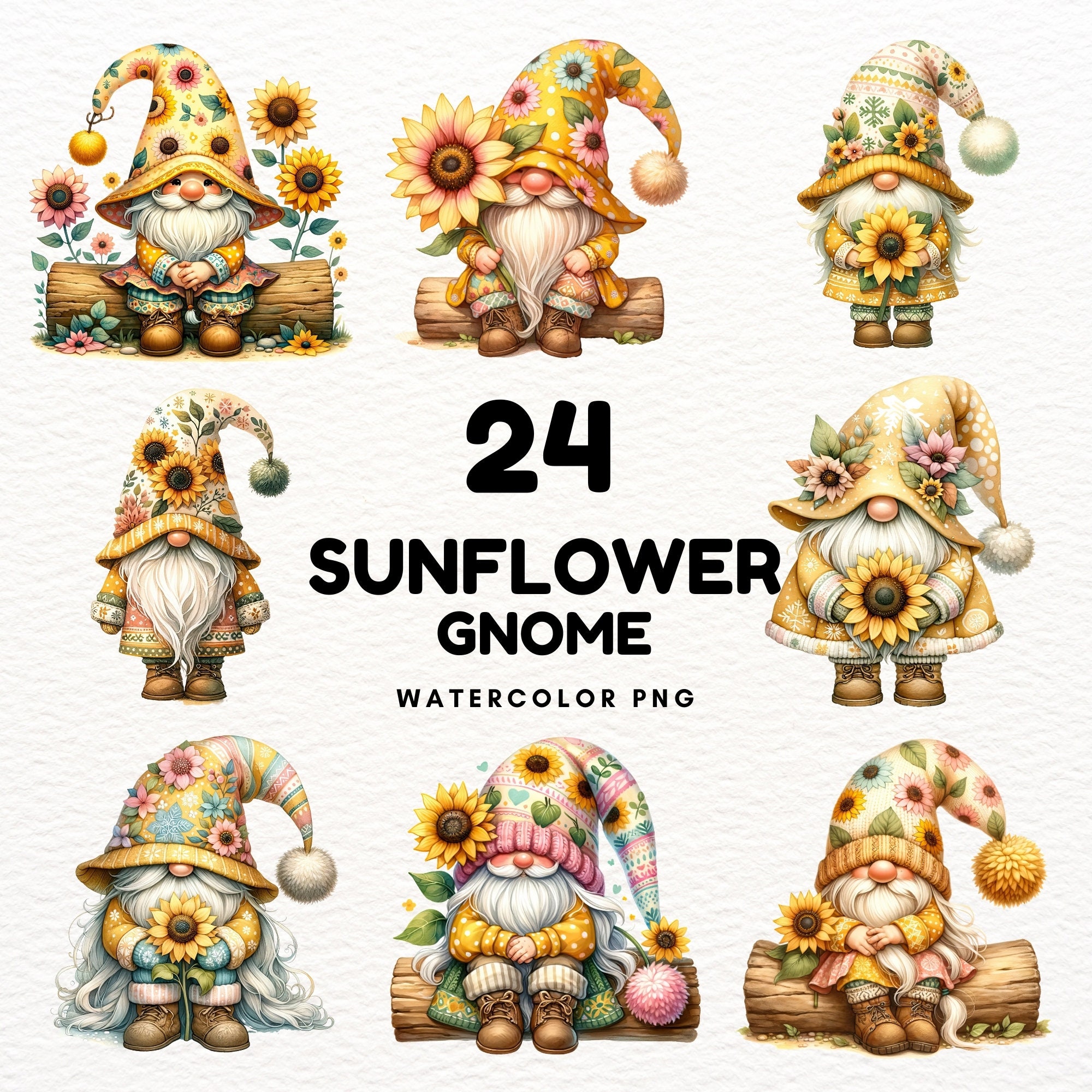 Watercolor Sunflowers Gnome Clipart Bundle Png, Sunflower Gnomes PNG ...