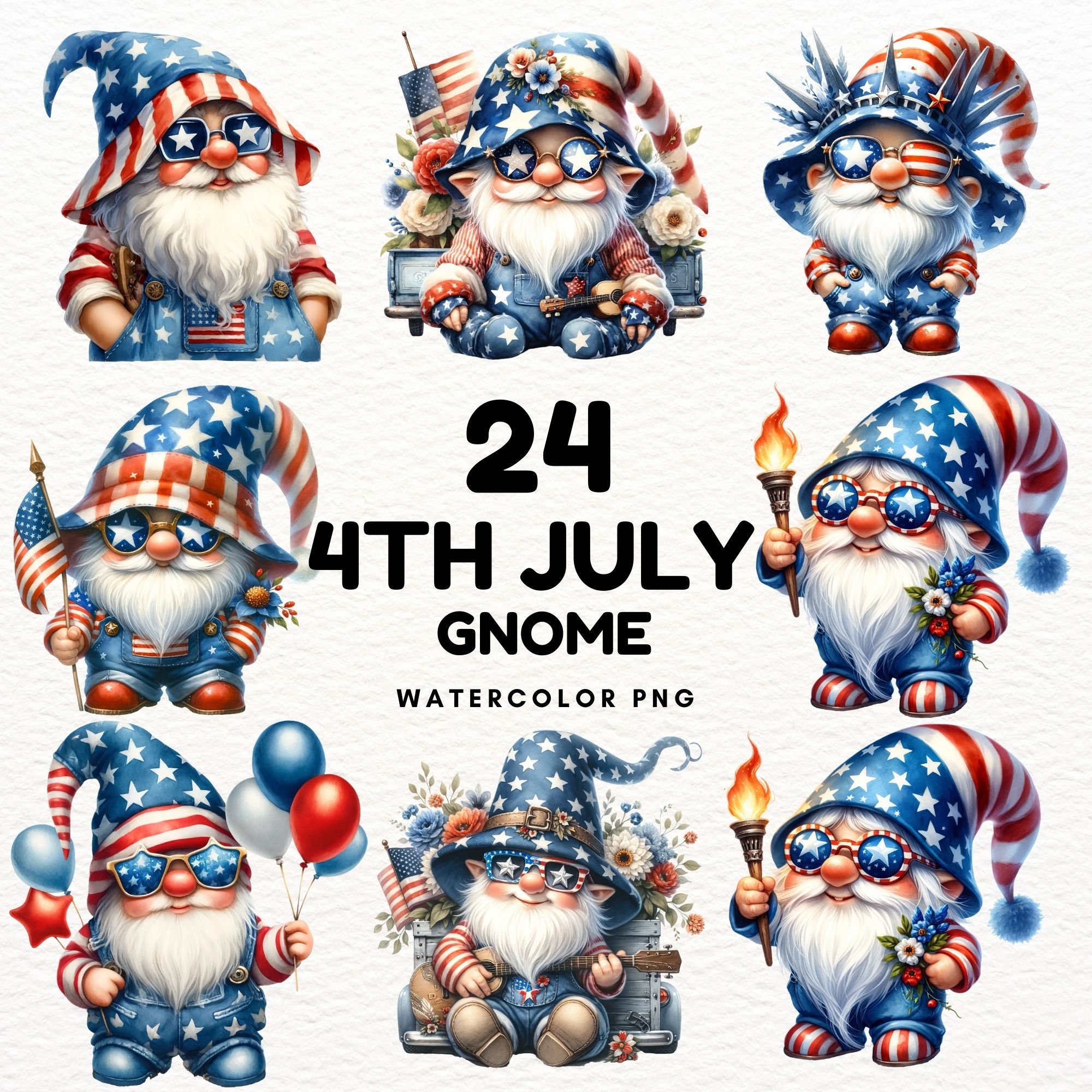 Watercolor Patriotic Gnome Clipart, Memorial Day Gnome Clipart, 4th of ...
