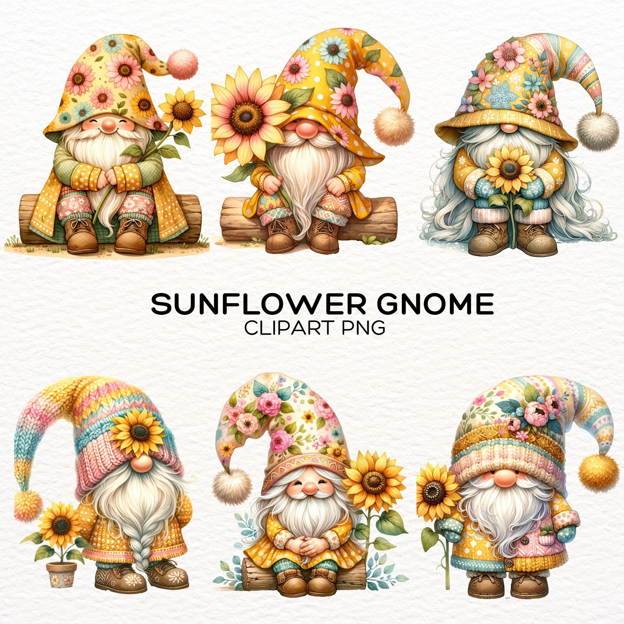 Watercolor Sunflowers Gnome Clipart Bundle Png, Sunflower Gnomes PNG ...