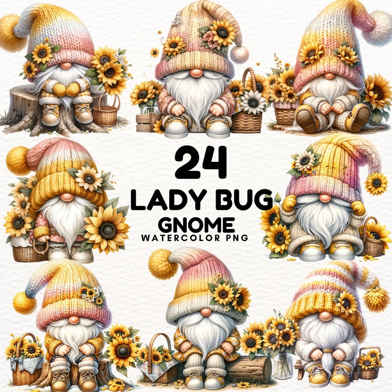 Watercolor Sunflowers Gnome Clipart Bundle Png, Sunflower Gnomes PNG ...