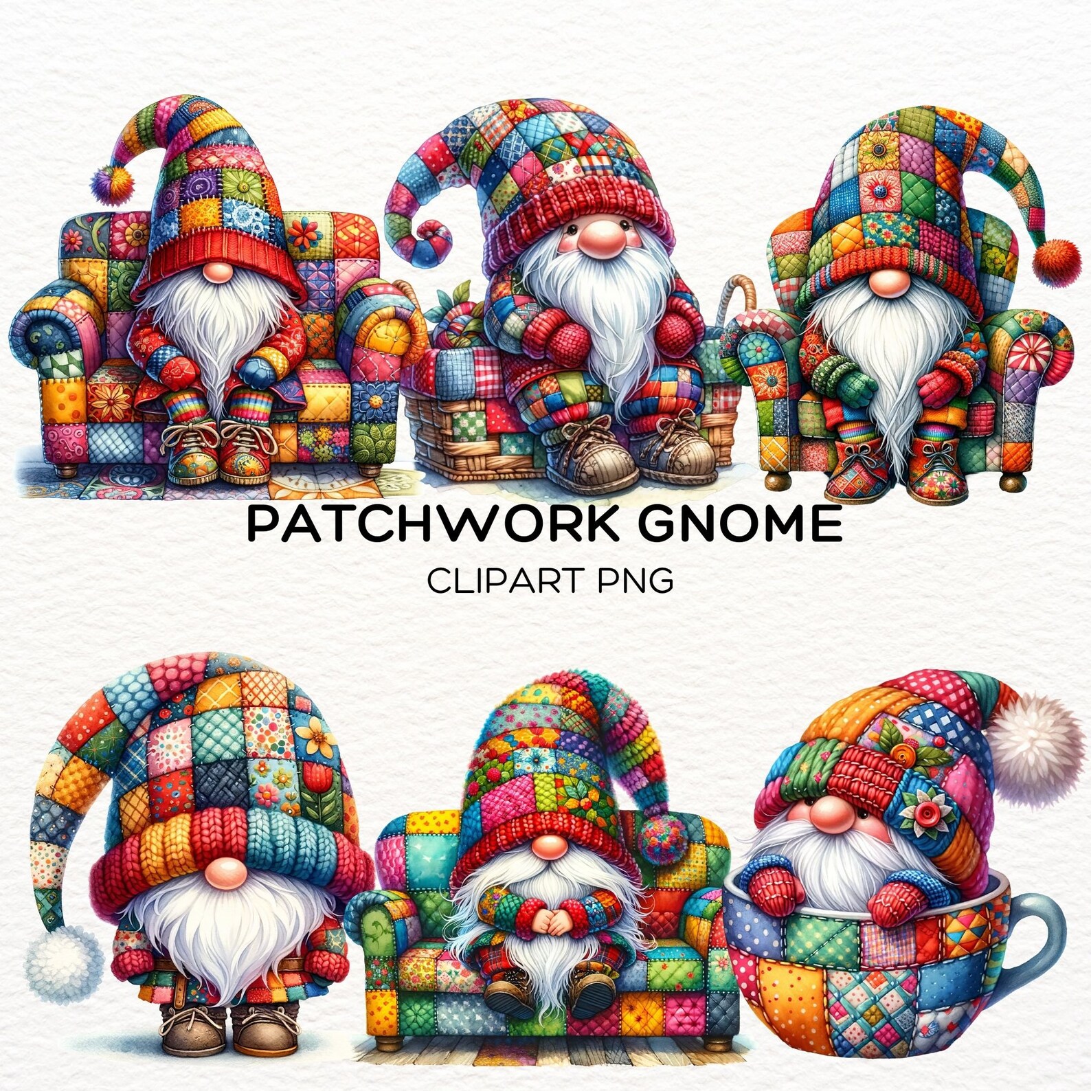 Watercolor Patchwork Gnomes Clipart, Patchwork Gnomes Clipart Bundle, Cottagecore Gnomes, Cute ...