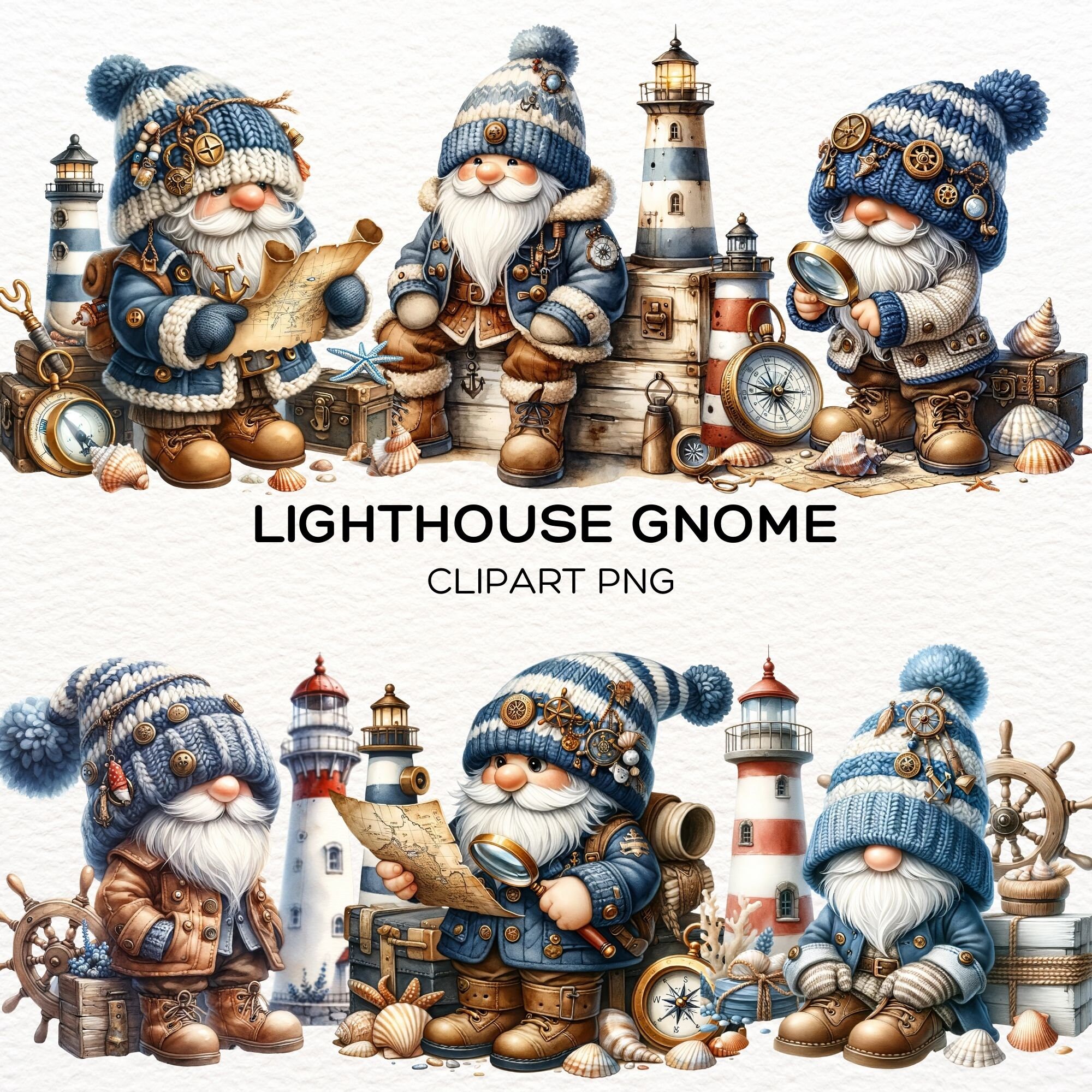 Watercolor Lighthouse Gnome Clipart Bundle, Nautical Gnome Clipart ...