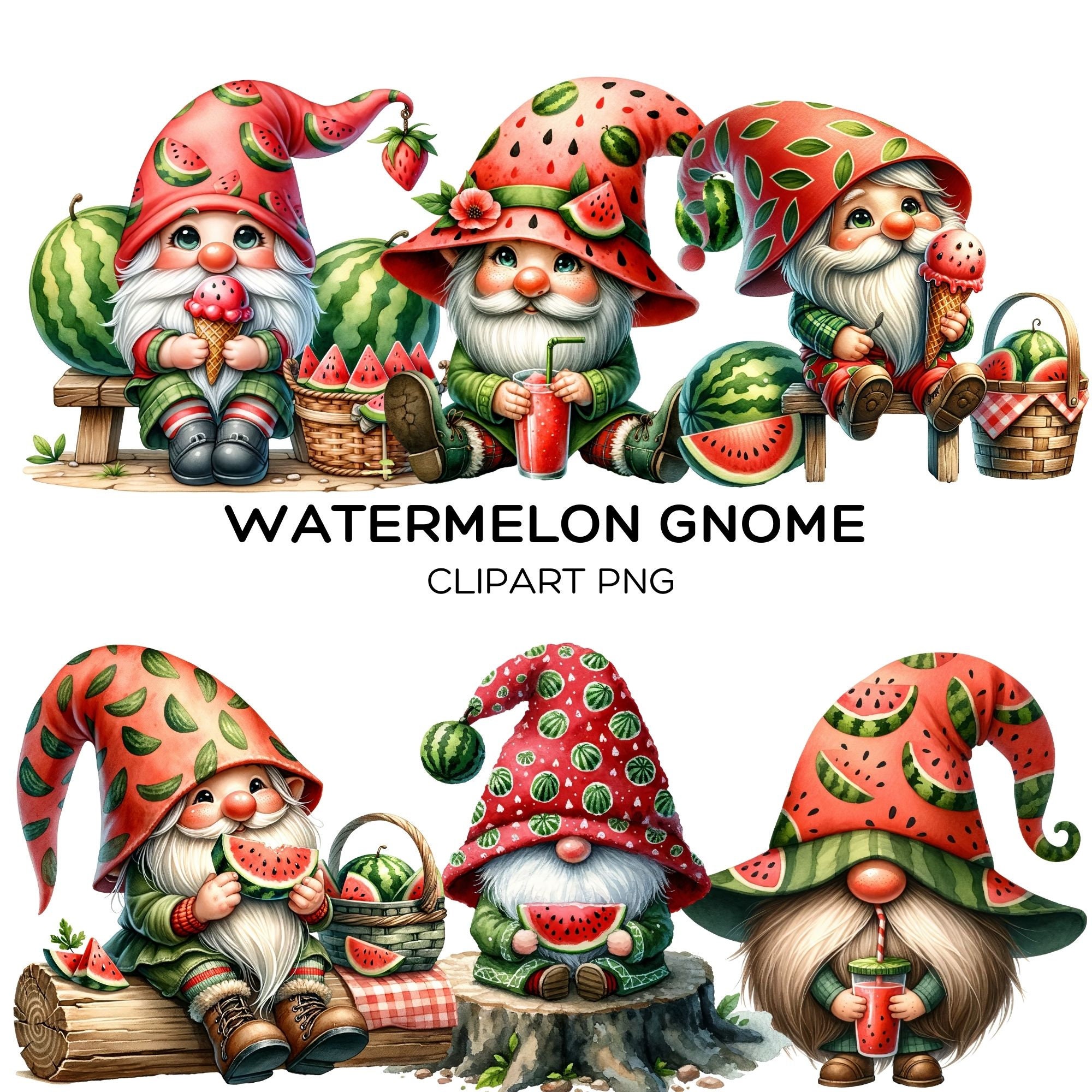 Watermelon Gnome Clipart, Cute Watermelon PNG, Watercolor Gnome Clipart ...