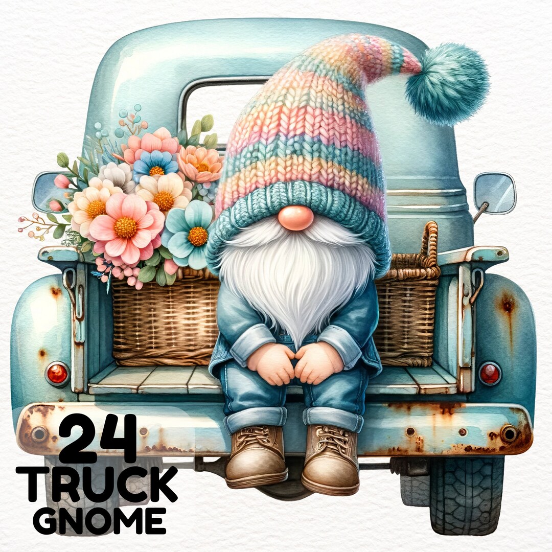 Watercolor Retro Truck Gnome Clipart PNG Bundle, Garden Gnome With ...