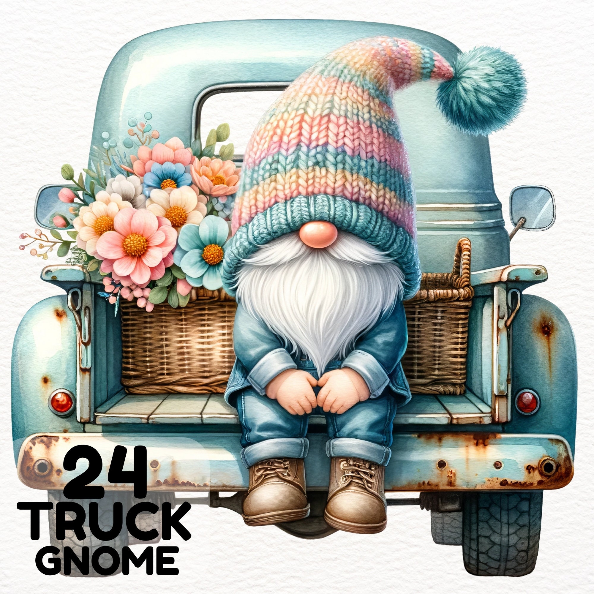 Watercolor Retro Truck Gnome Clipart PNG Bundle, Garden Gnome With ...