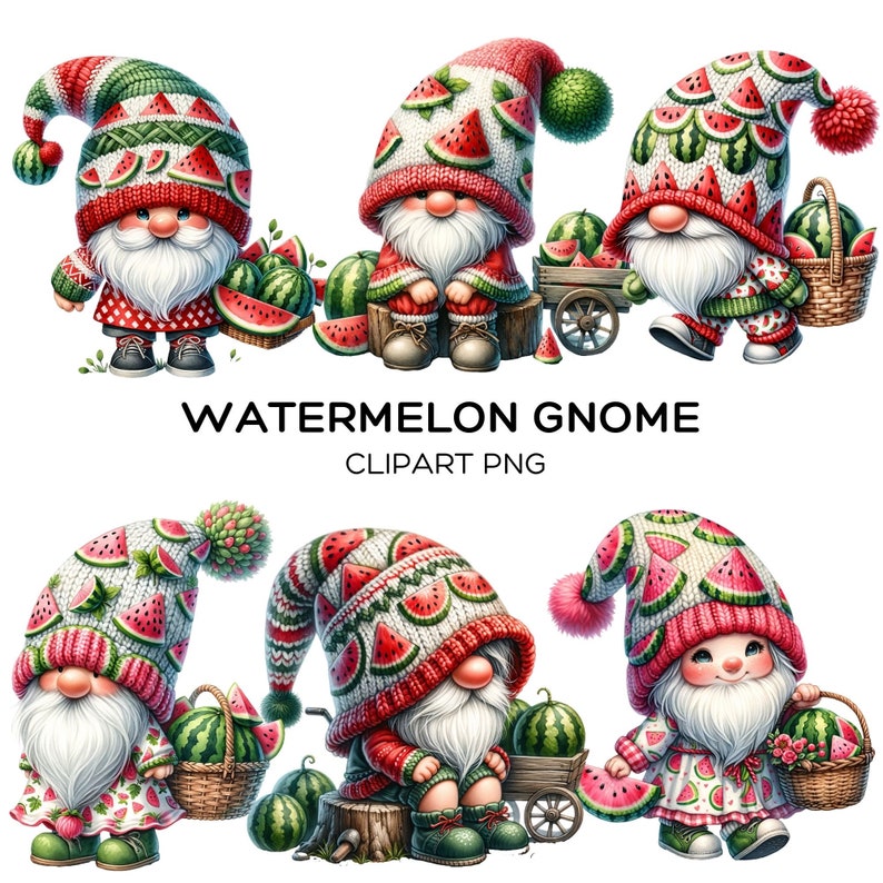 Watermelon Gnome Clipart, Cute Watermelon PNG, Watercolor Gnome Clipart ...