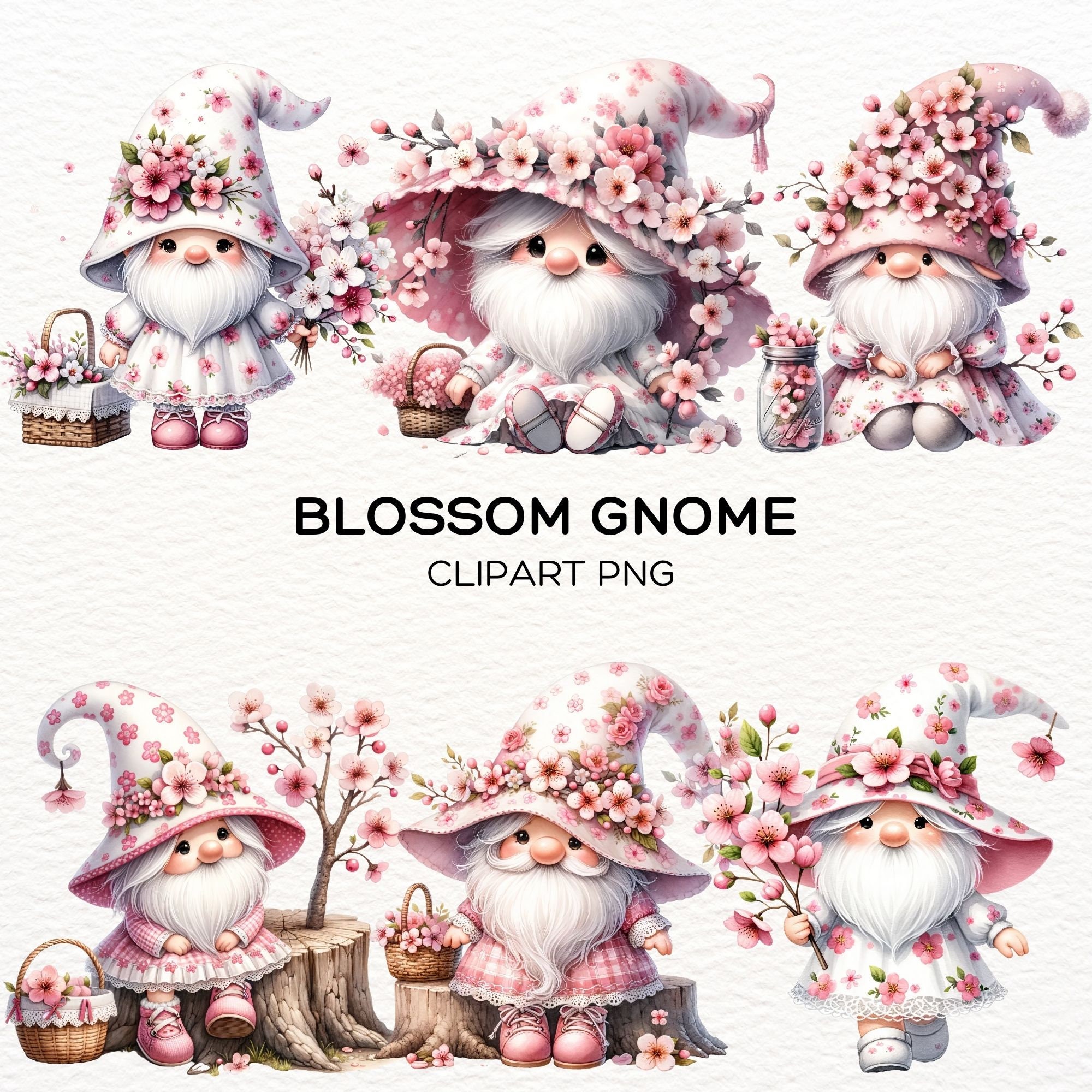 Spring Gnome Clipart, Watercolor Gnome Cherry Blossom, Spring Blossom ...