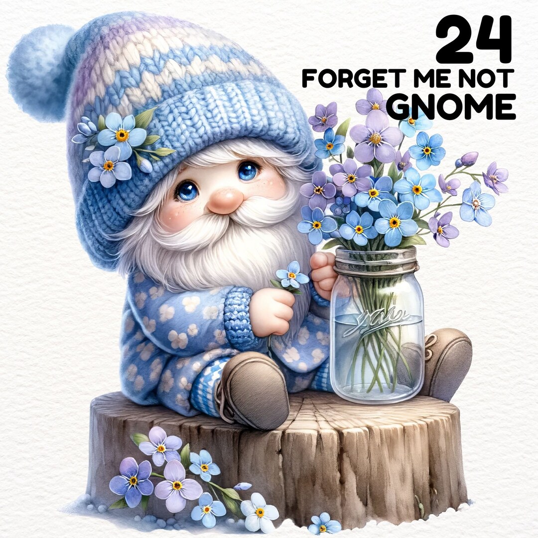 Watercolor Forget Me Not Gnome Clipart Bundle, Gnome With Flower ...