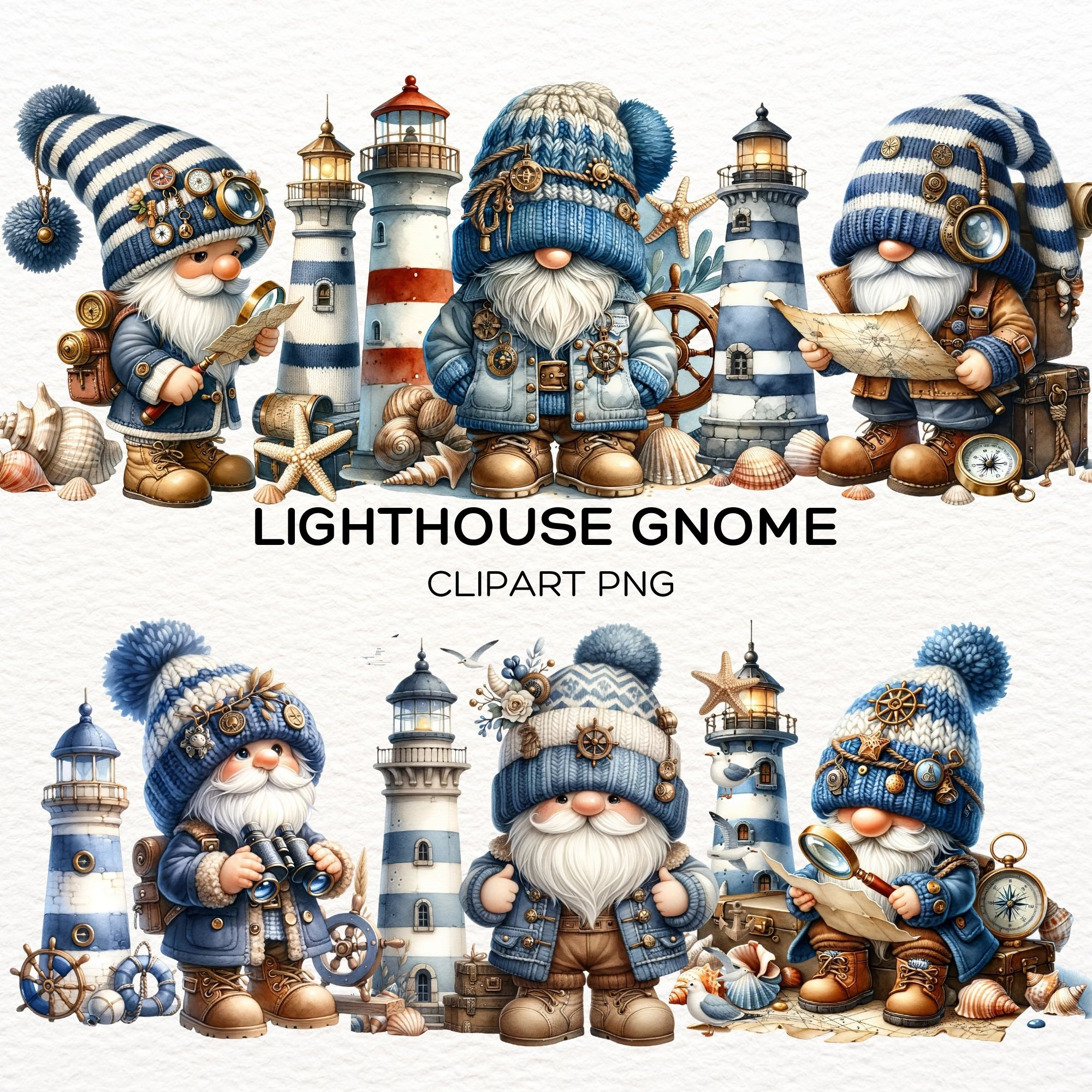 Watercolor Lighthouse Gnome Clipart Bundle, Nautical Gnome Clipart ...