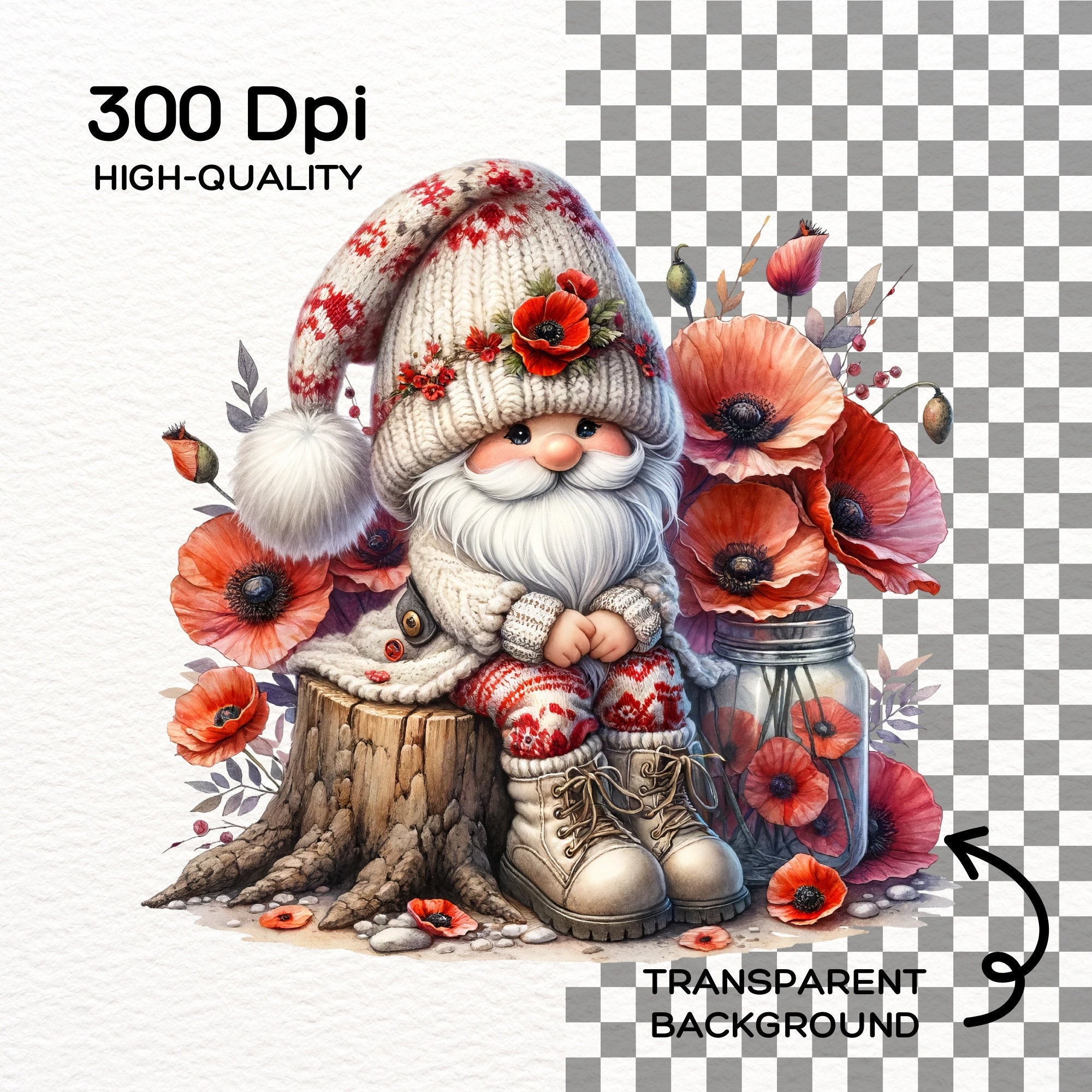 Watercolor Poppy Gnome Clipart, Poppy Gnome Watercolor Clipart, Spring ...